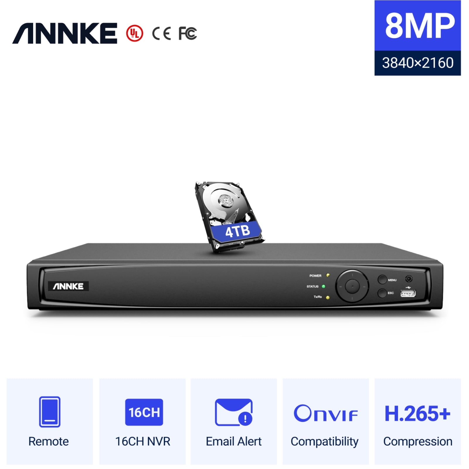ANNKE 4K 16CH NVR (1080p/3MP/4MP/5MP/8MP) POE Network Video Recorder ...