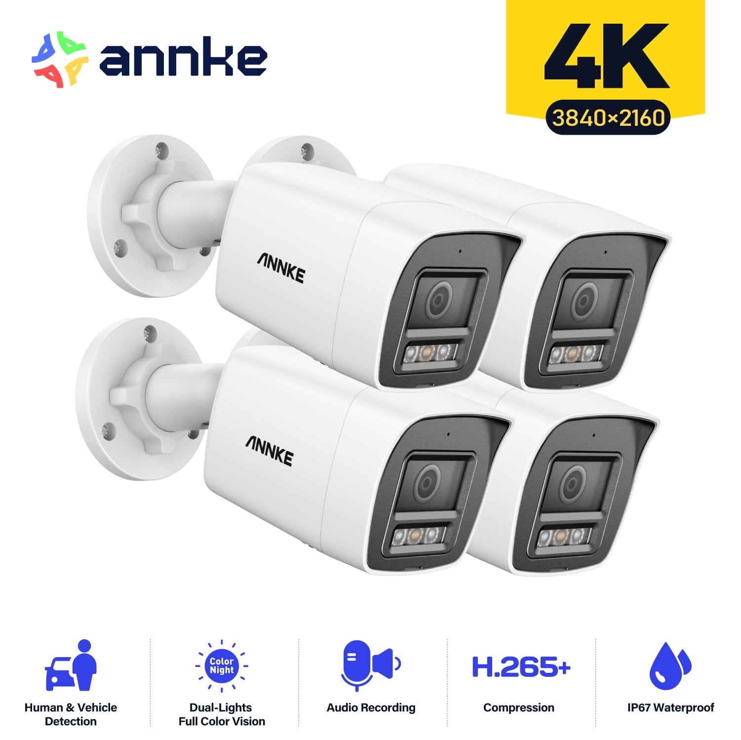 ANNKE H.265+ 4K 4Pcs Outdoor PoE IP Security Bullet Camera, AI Human ...
