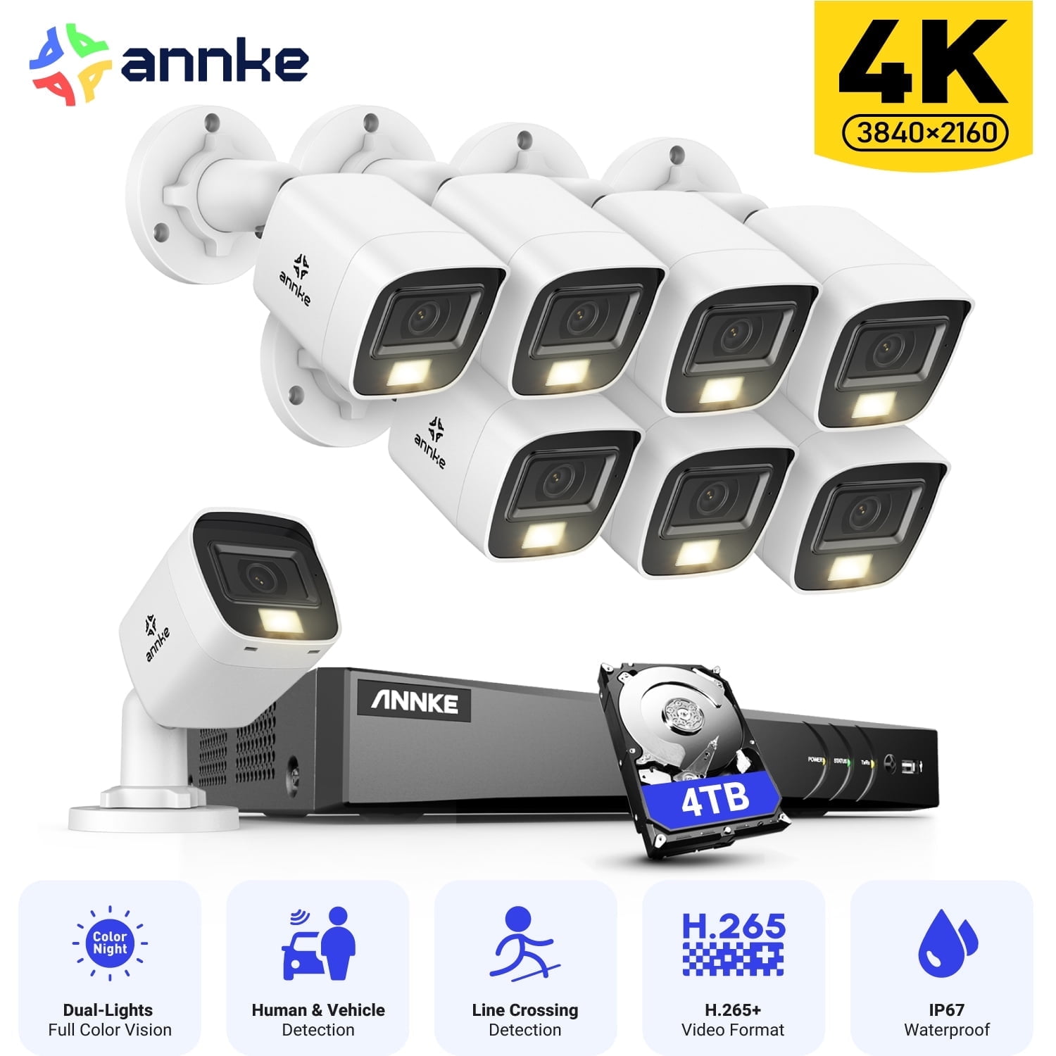 ANNKE 4K Security Camera System, 8CH 8MP AI DVR with Human & Vehicle Detection, 4TB HDD and 8x4K ...