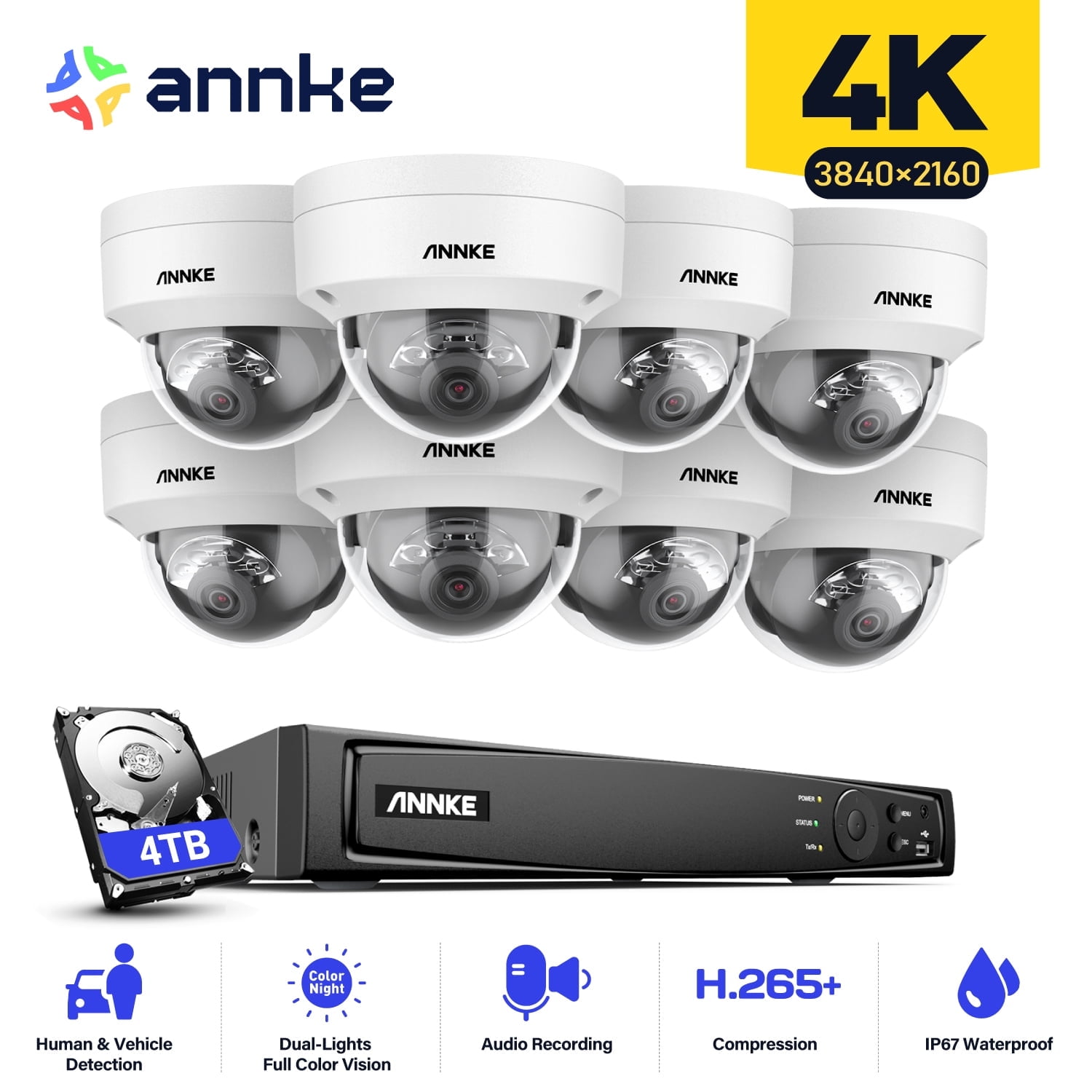 ANNKE 4K Security Camera System PoE, 16CH H.265+ 12MP NVR, 8x 4K Dome Security IP Cams (Not PTZ ...