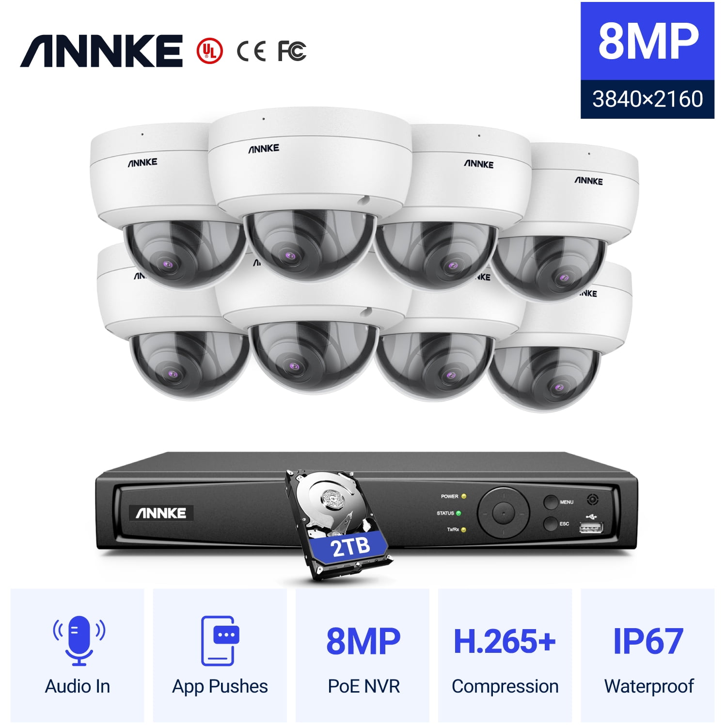 ANNKE 4K Ultra HD PoE Network Video Security System 8CH 4K H.265 Surveillance NVR 8pcs 4K HD ...