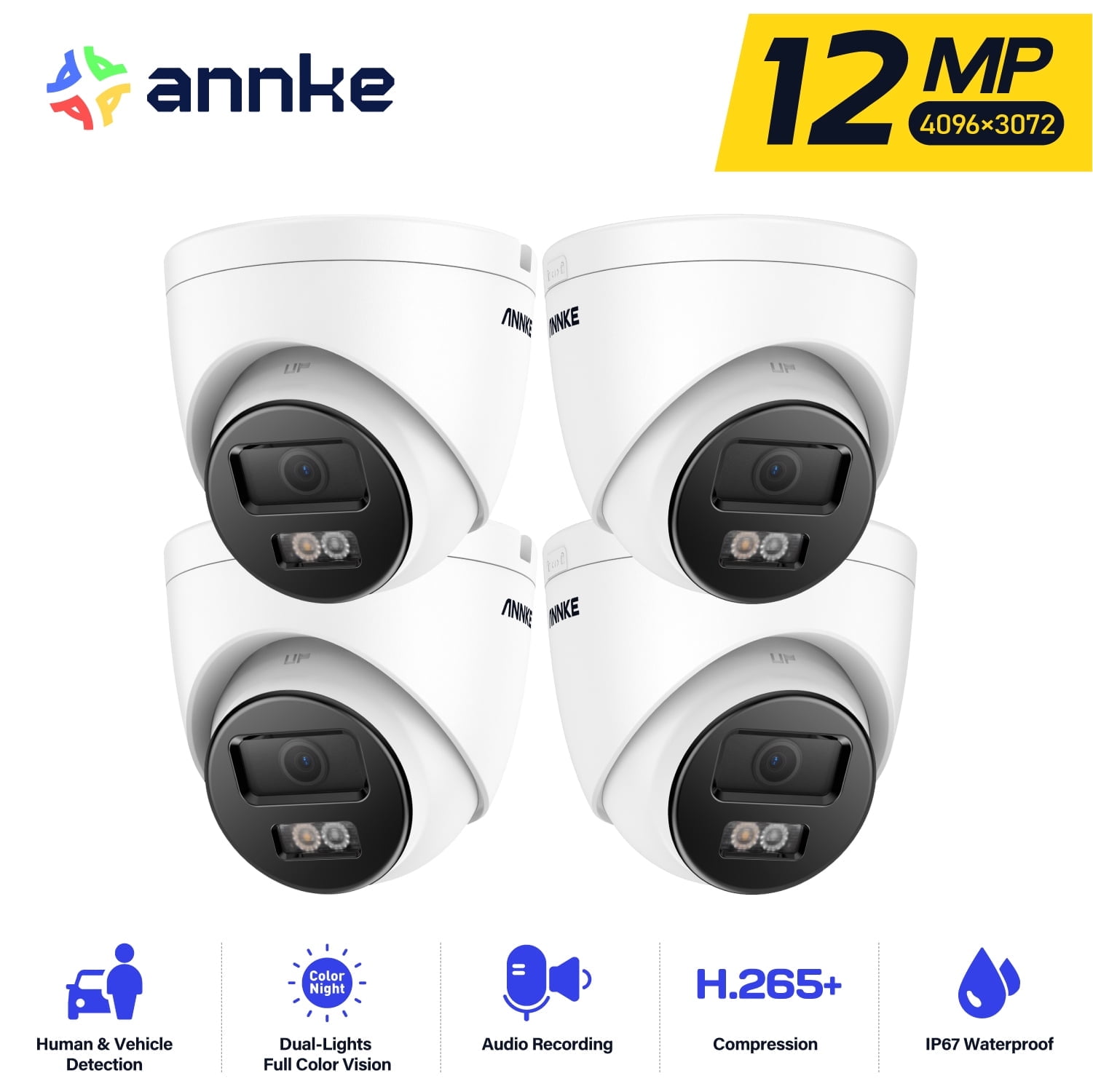 ANNKE 4PCS H.265+ 12MP Security PoE IP Dome Camera with Smart AI ...
