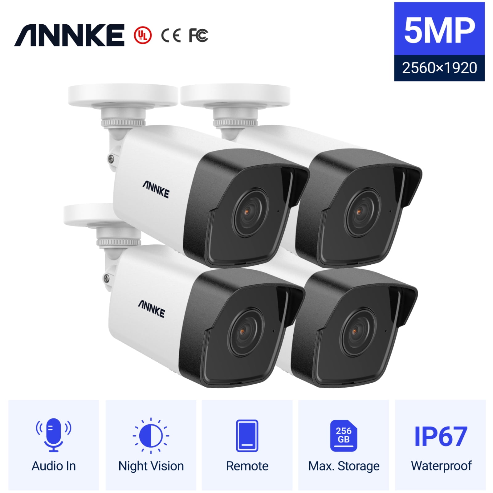 ANNKE 4Pcs Bullet 5MP PoE IP Security Camera Super HD H.265+ CCTV Internet Camera with 2.88mm ...