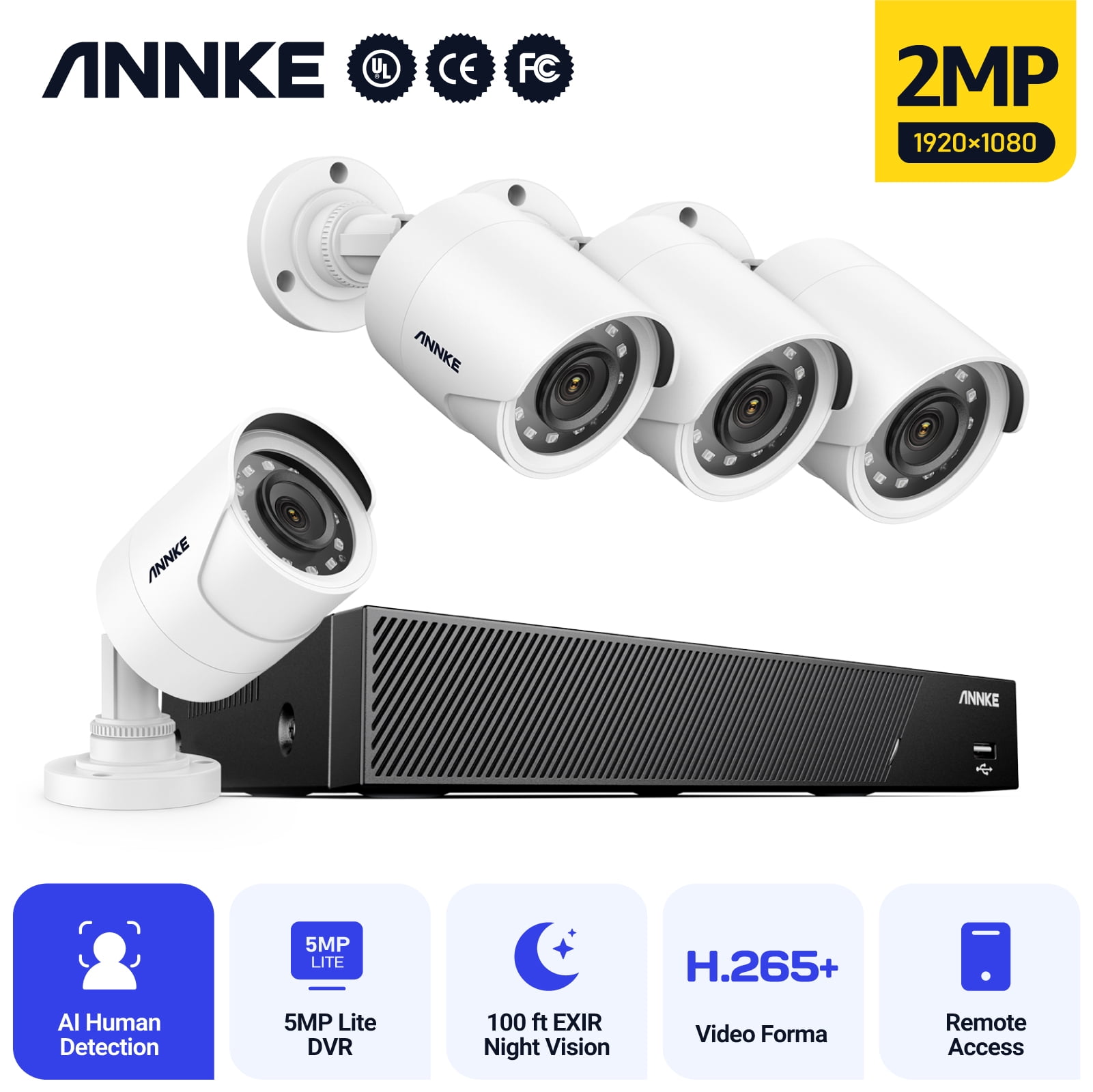 ANNKE 4pcs 2MP HD Security Camera, 8ch DVR, IP66 1080P Indoor/Outdoor ...