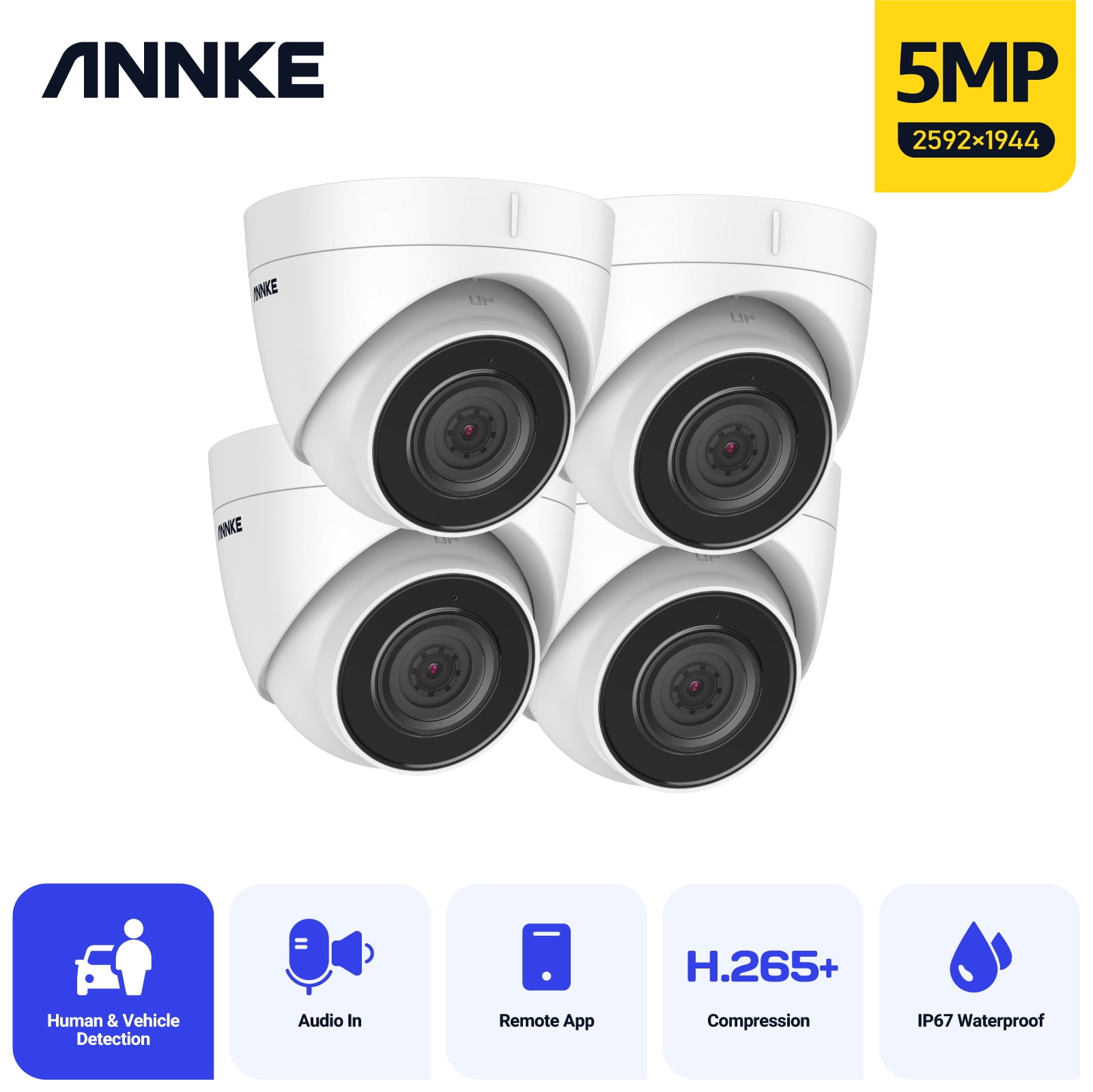 ANNKE 4pcs C500 5MP Super HD PoE Turret IP Security Camera with H.265+ Video Format IP67 ...