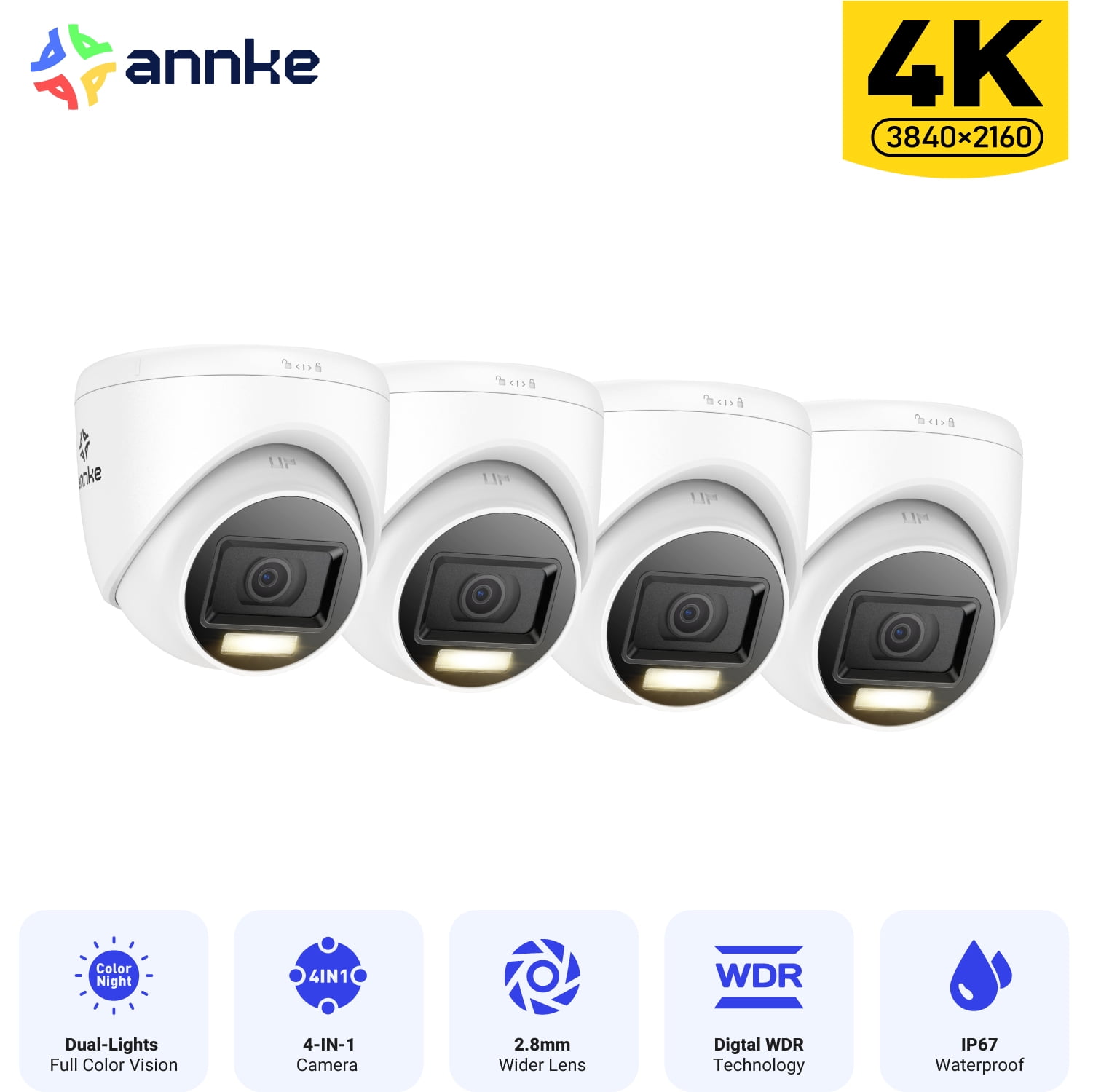 ANNKE 8MP 4PCS Dual Light Wired CCTV Security Camera, Color & IR Night ...