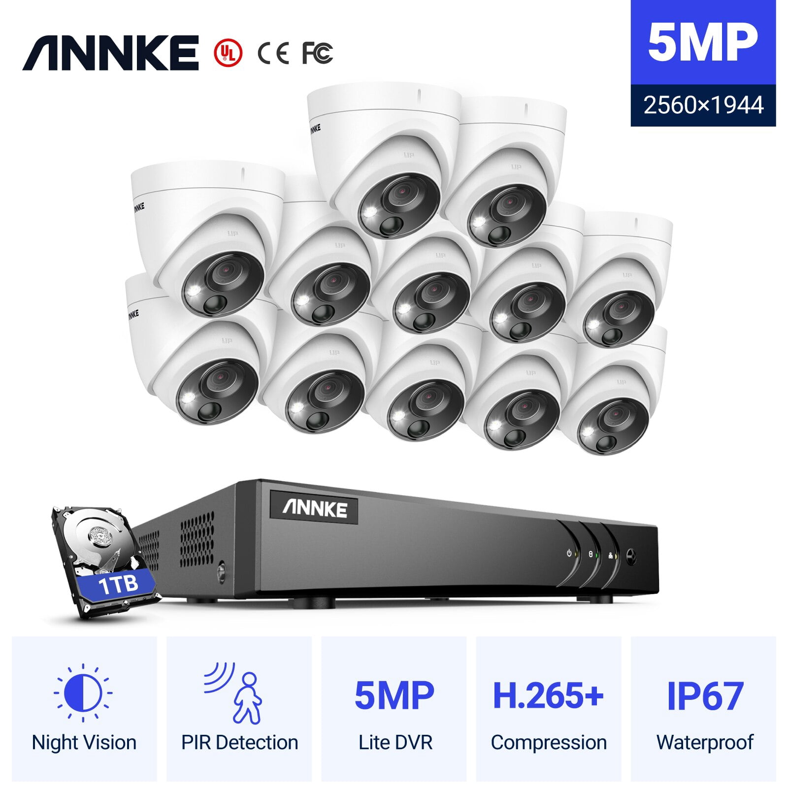 ANNKE H.265+ 5MP Ultra HD 16CH DVR CCTV Security System 12PCS Outdoor ...