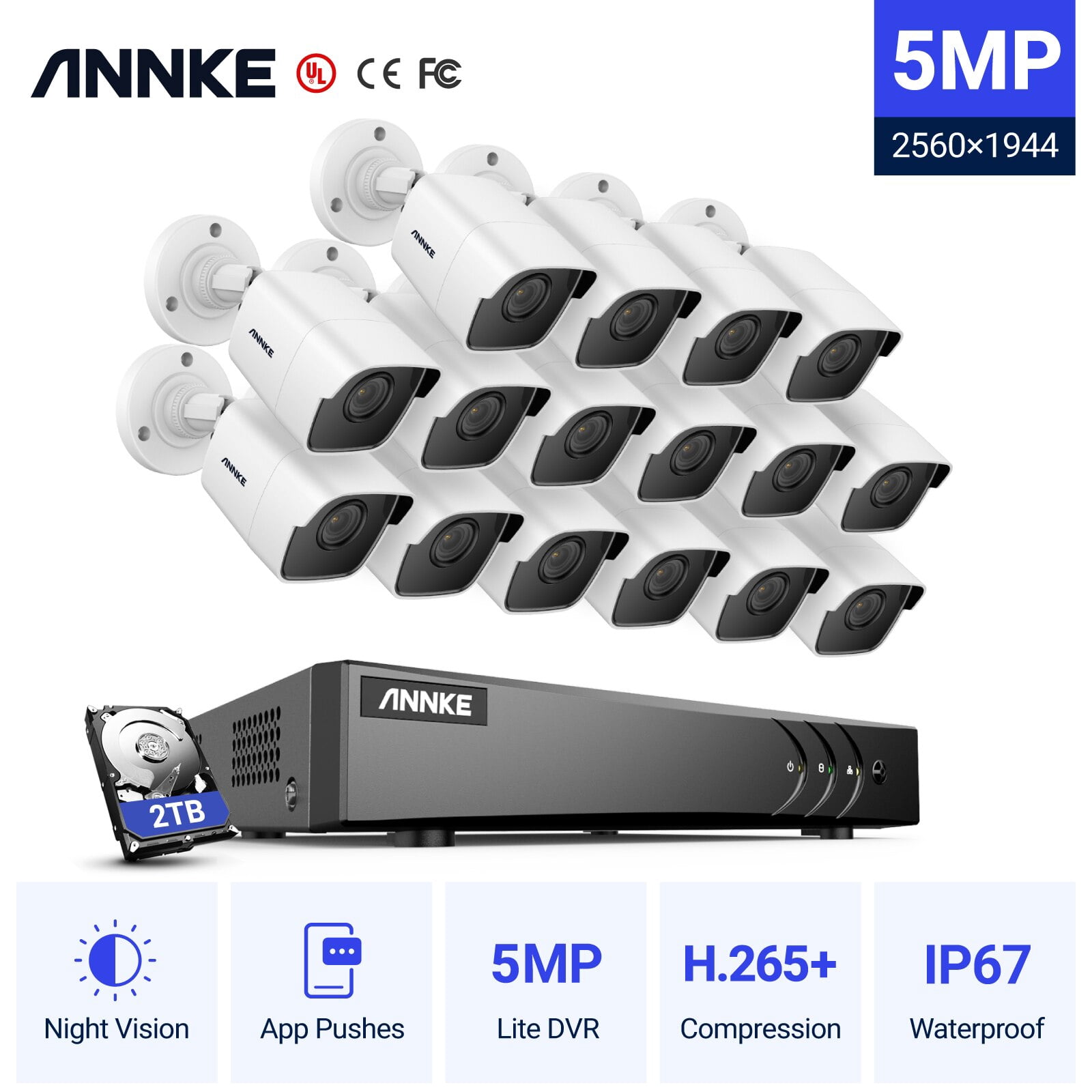 ANNKE H.265+ 5MP Ultra HD 16CH DVR CCTV Security System 16PCS Outdoor ...