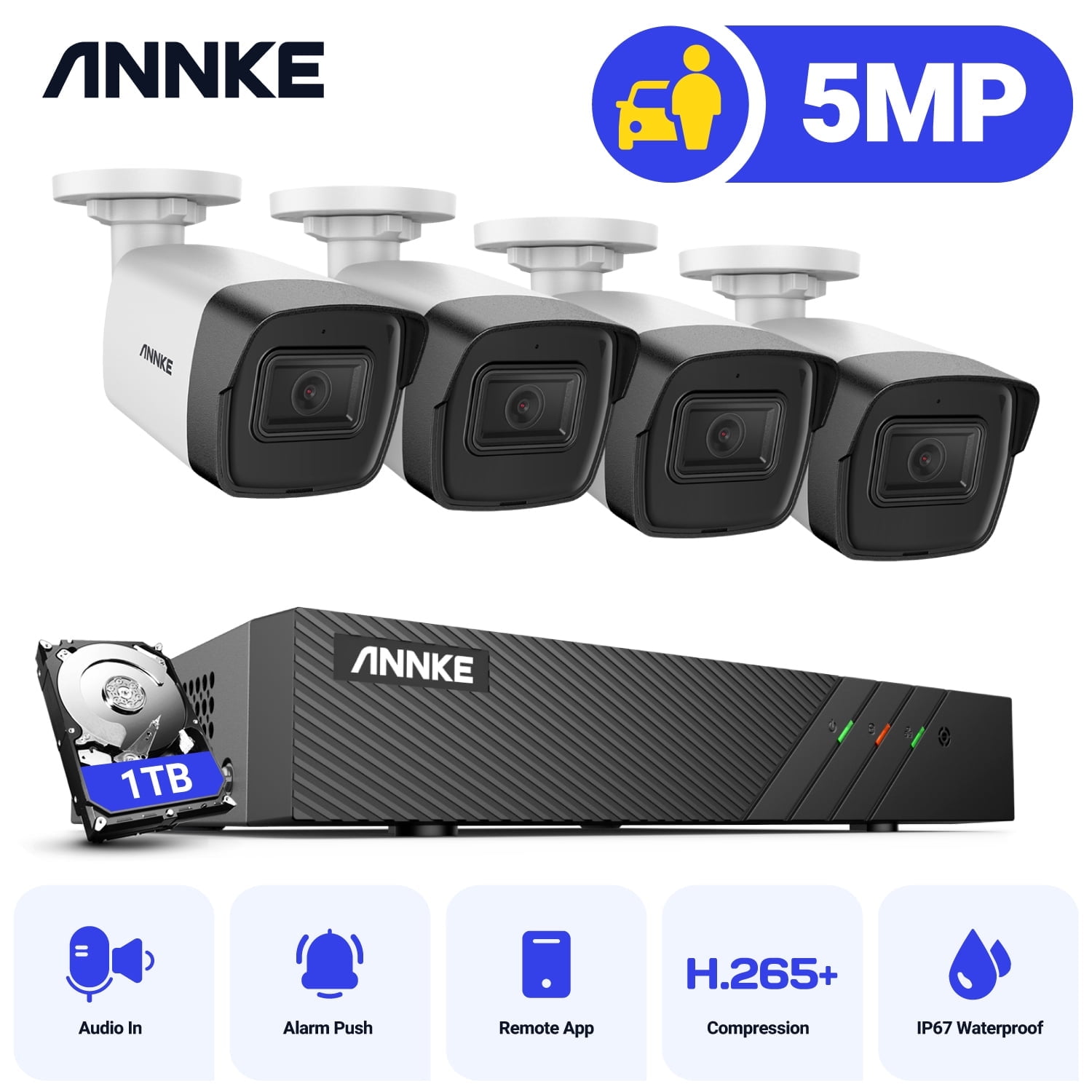 ANNKE H.265+ 8 Channel 4 Camera PoE Security System 6MP NVR with 1TB ...