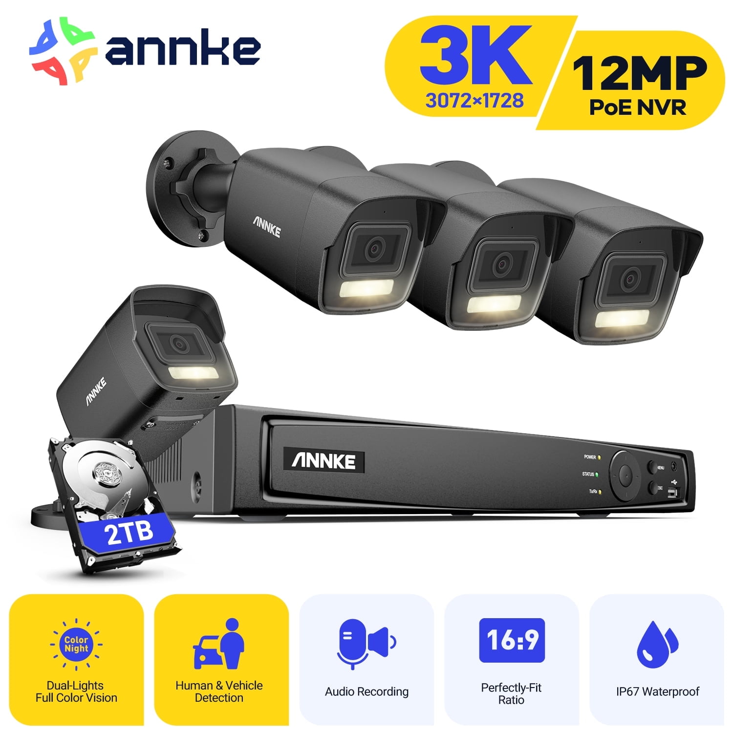 ANNKE H.265+ 8CH PoE Surveillance Camera Set, 12MP NVR Recorder and 4 x ...