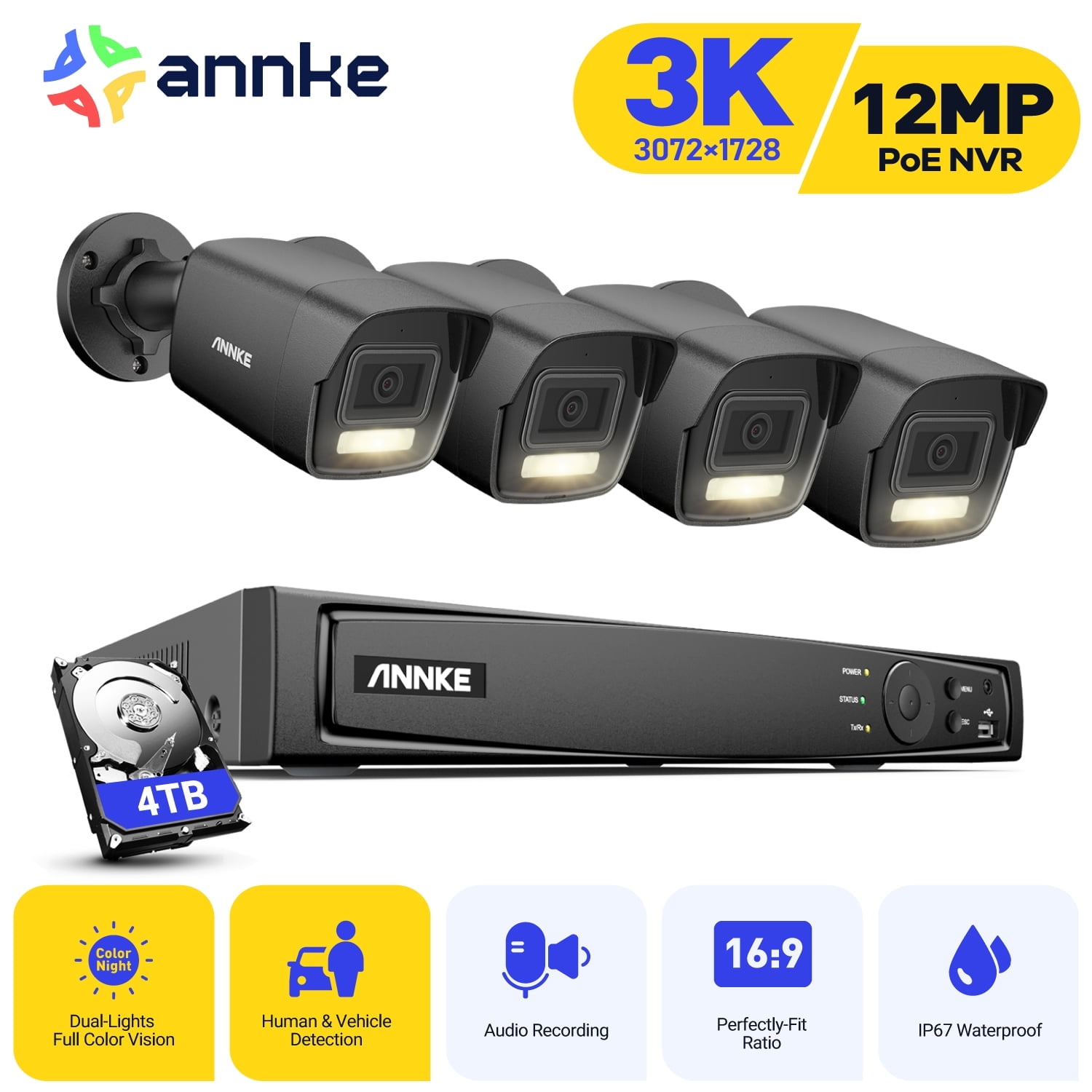 ANNKE H.265+ 8CH PoE Surveillance Camera Set, 12MP NVR Recorder and 4 x ...