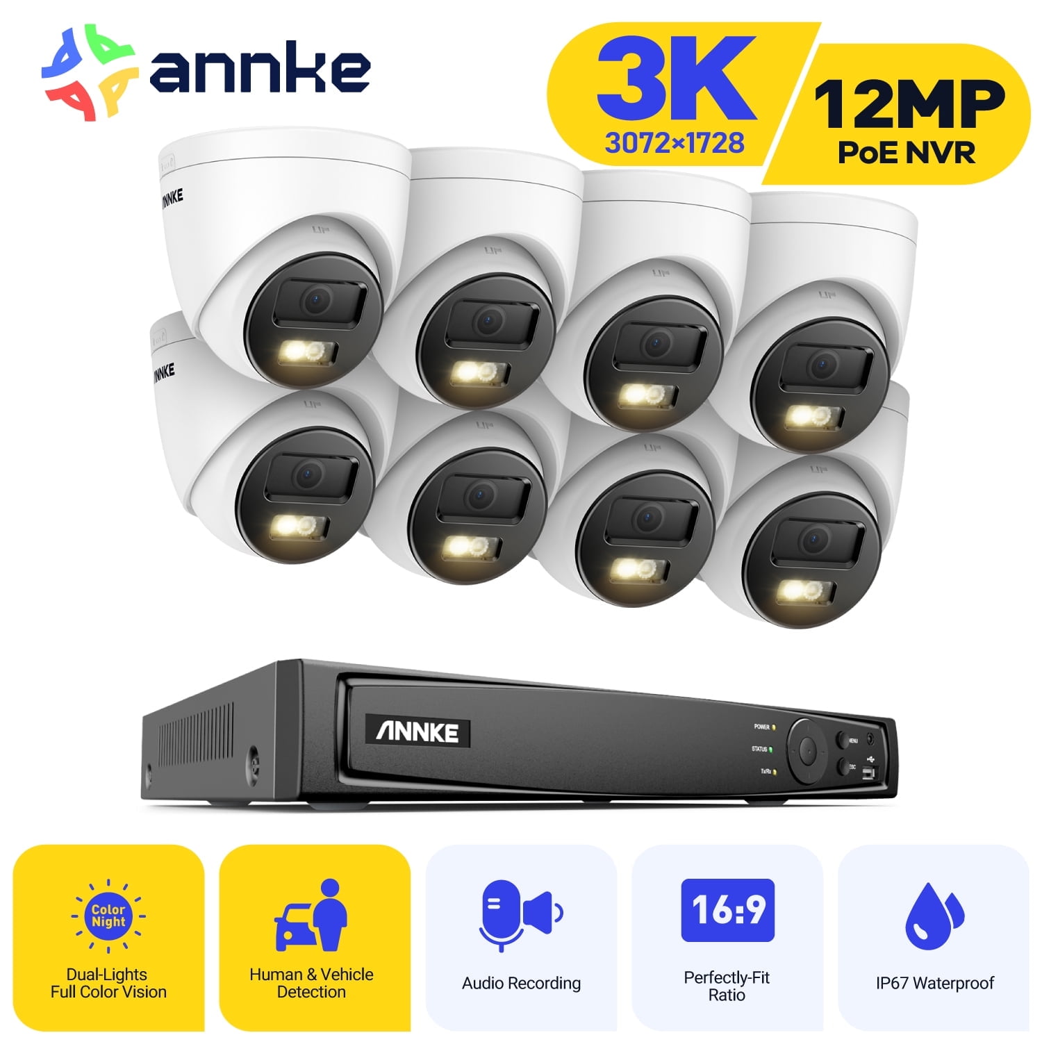 ANNKE H.265+ 8CH PoE Surveillance Camera System Set, 12MP NVR Recorder and 8 x 3K Outdoor ...