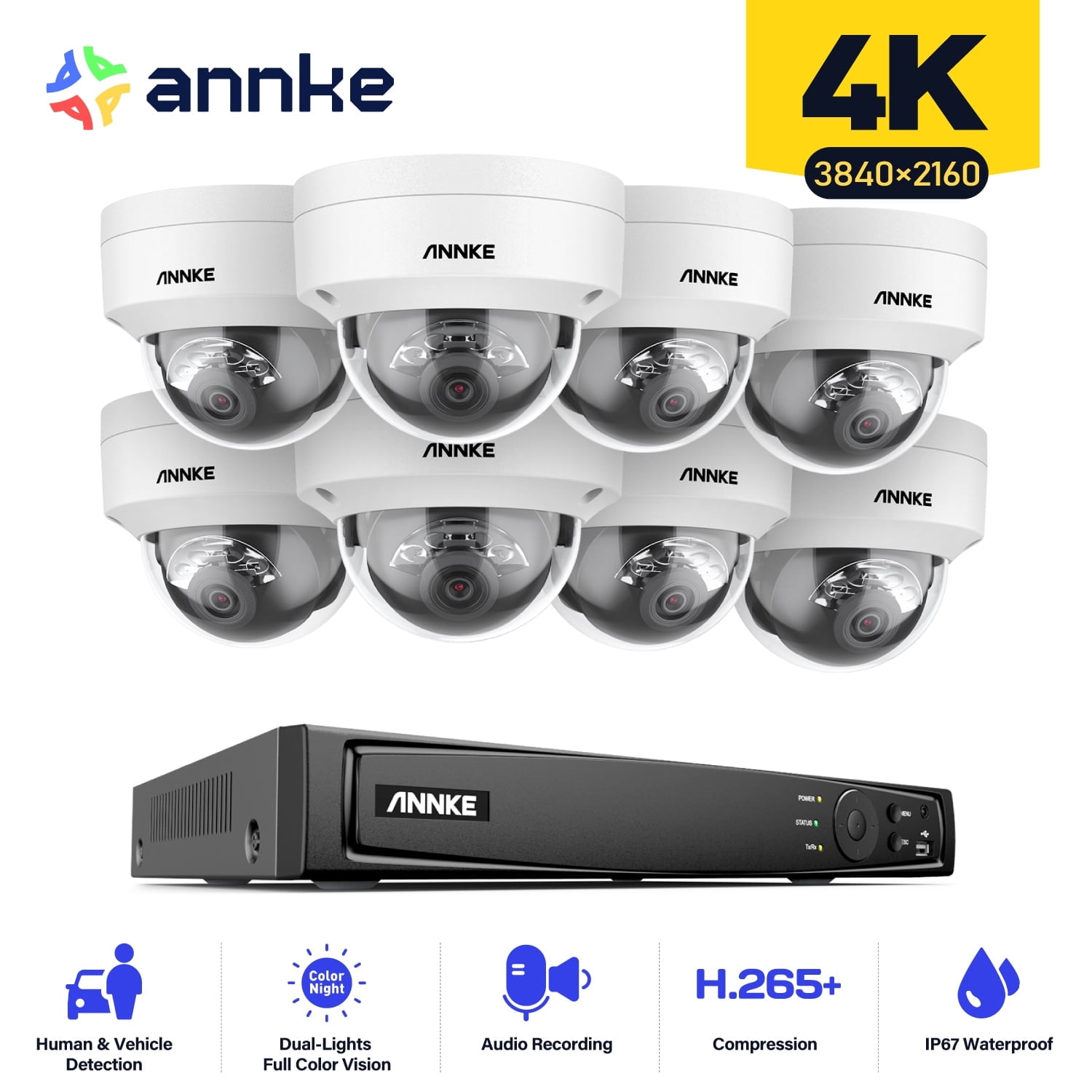 ANNKE Security Camera System PoE, 16CH H.265+ 12MP NVR, 8X 4K Dome ...