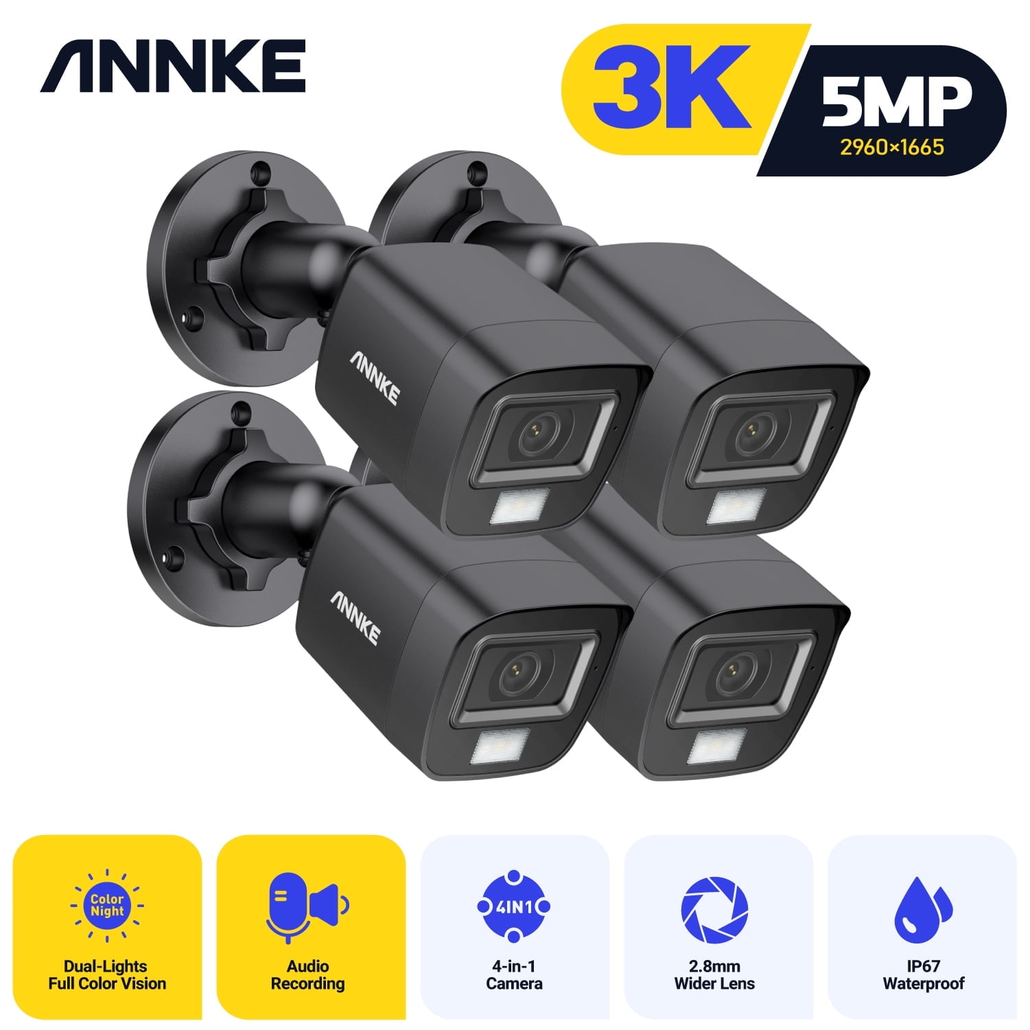 ANNKE UHD 3K Wired Add-on Security Camera (2960×1665), 4pcs CCTV ...