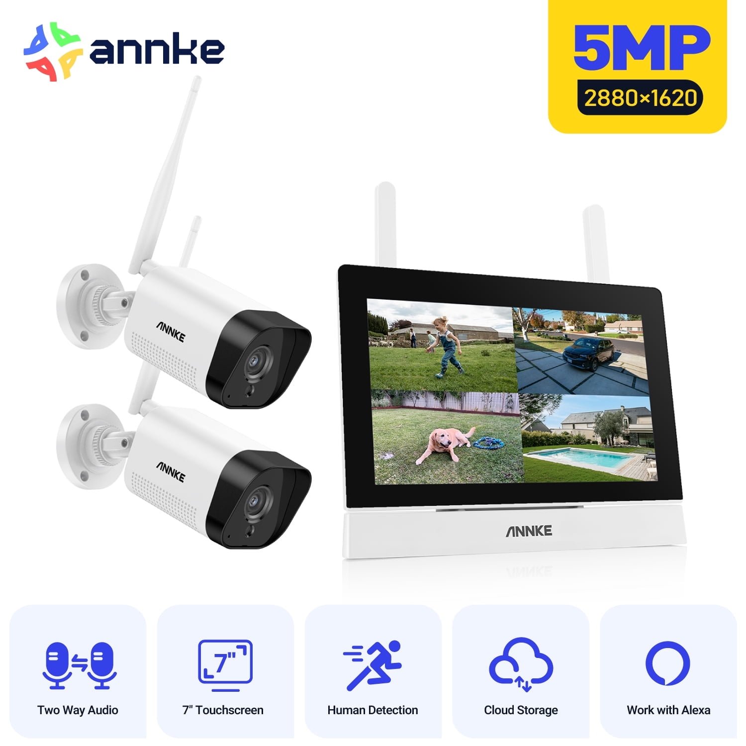 ANNKE 5MP Wireless Security Camera System with 7" Touchscreen Monitor ...