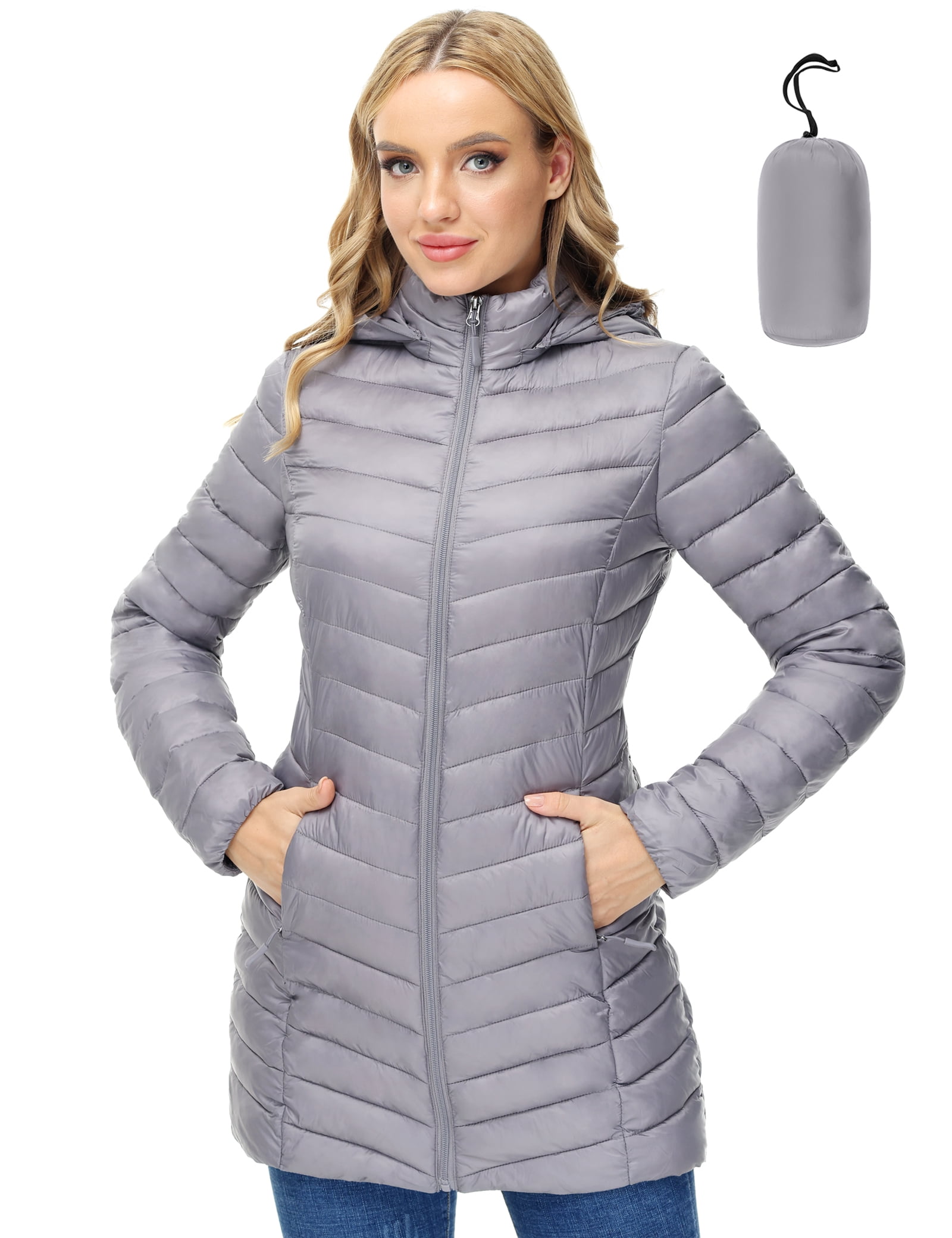 Women Puffer Jacket Hooded Warm Lightweight Packable Quilted Puffer Coat Outwear (Grey, Large ...