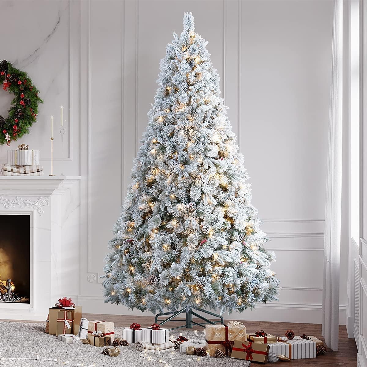ANOTHERME 7.5ft Snow Flocked Pre-Lit Christmas Tree, 550 Warm Lights, White with Pine Cones ...
