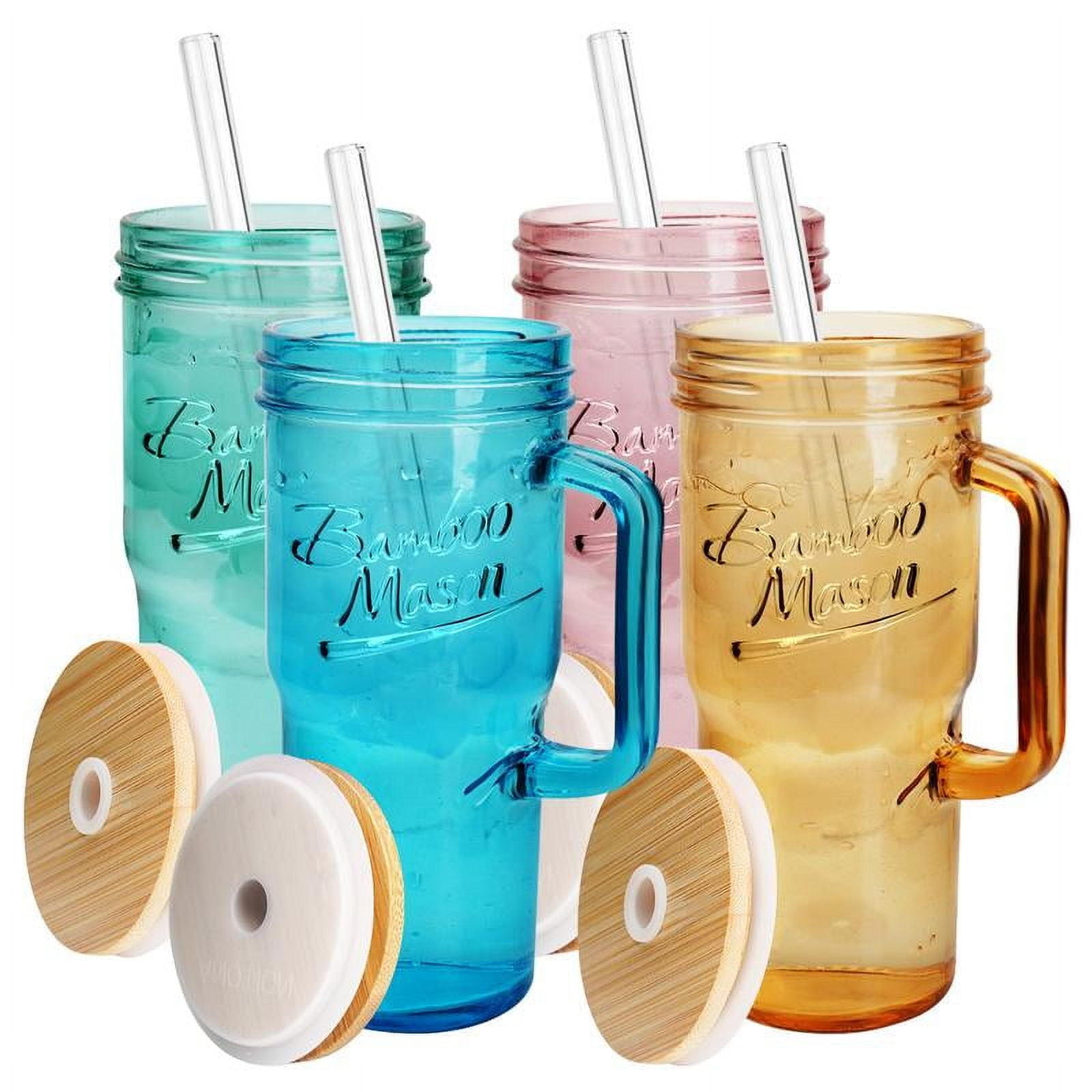 ANOTION 24oz Colored Glass Cups with Lids and Straws with Handle ...