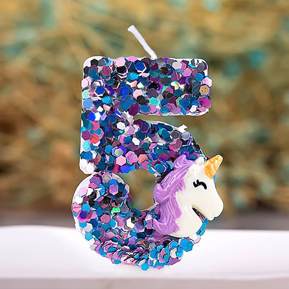 ANPEI Large Birthday Cake Glitter Candle for Kids, 3” Tall - Unicorn Number 5 (Model: AV-ANP ...