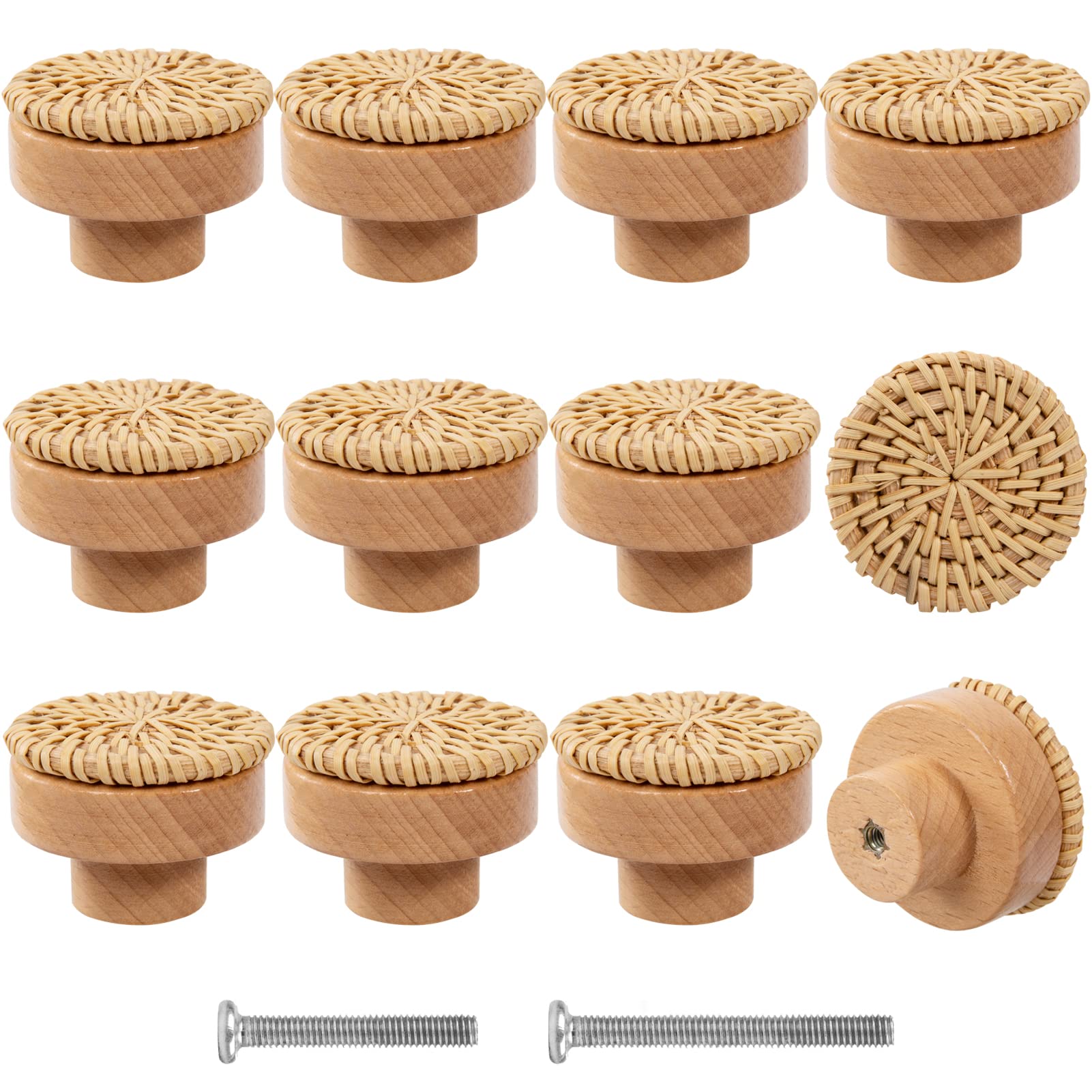 ANPHSIN 12 Pack Boho Wood Dresser Drawer Knobs- Handmade Rattan Woven ...