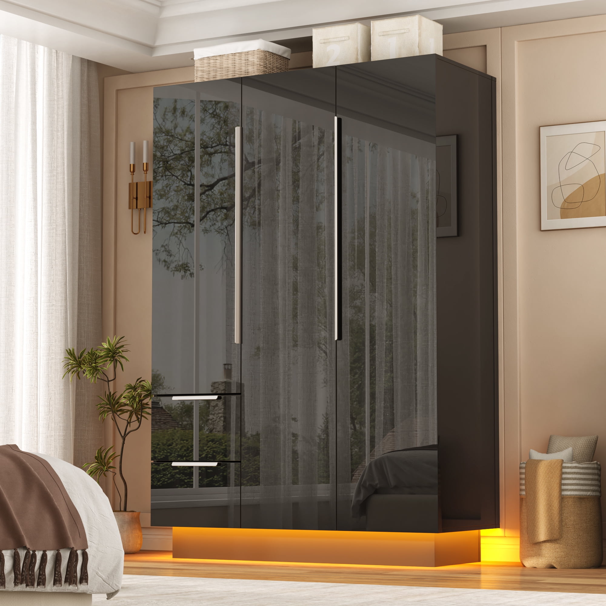 ANPOO 3 Door Wardrobe Closet with 2 Drawers & Mirror, 70"H High Gloss ...