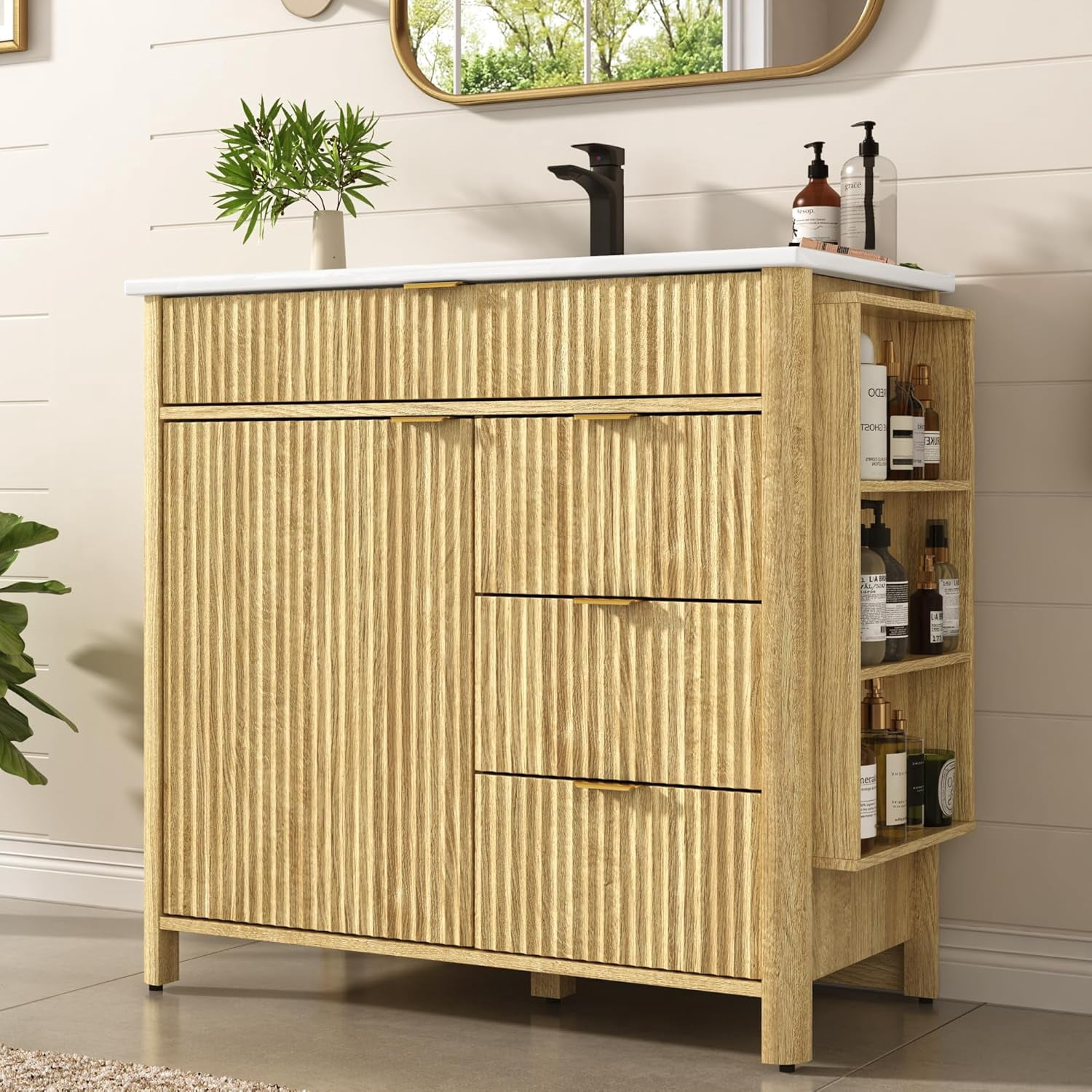 ANPOO 36" Bathroom Vanity with Sink & Faucet & Sewer Pipes, Mid-Century ...