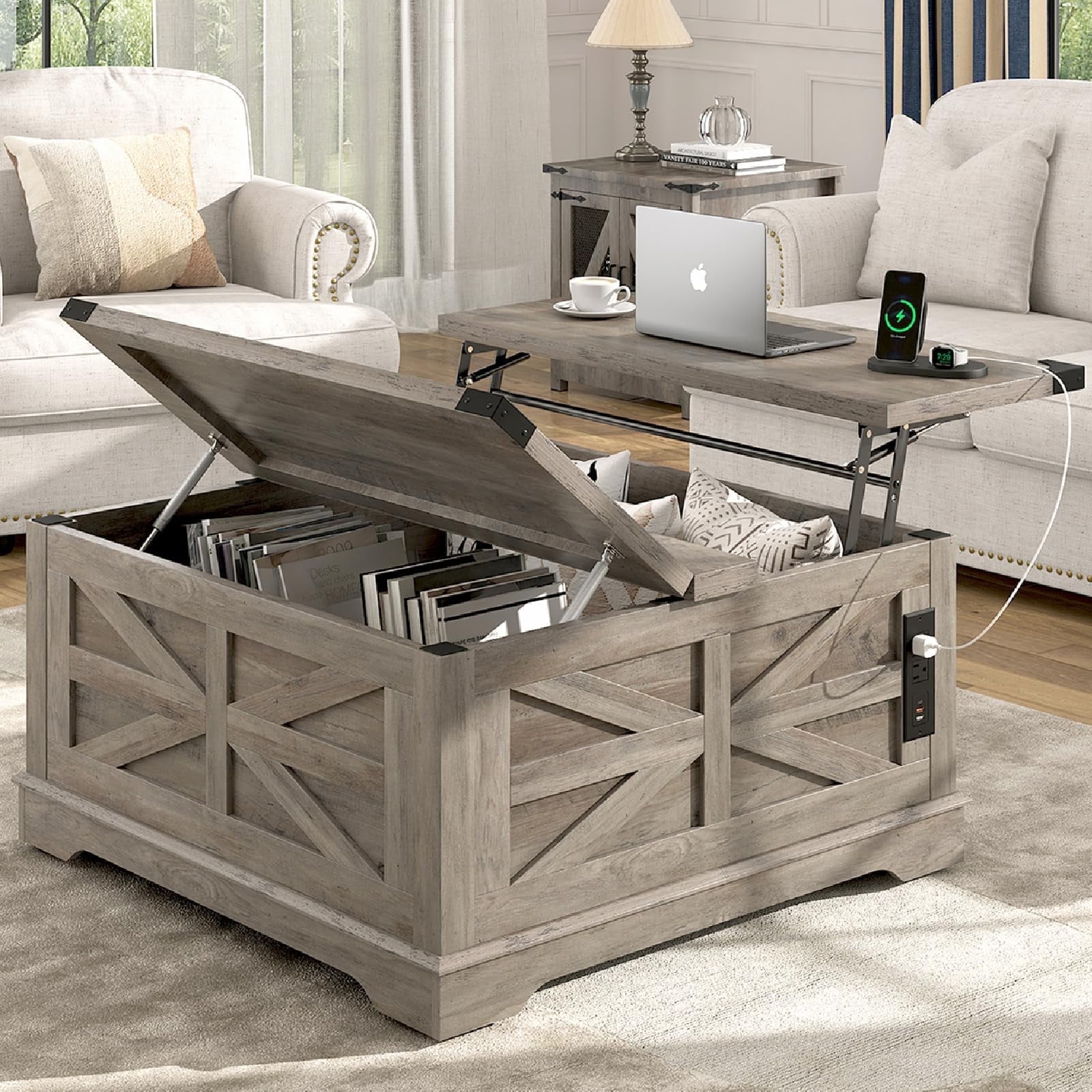 36" Movable Lift Top Coffee Table with Storage & Power Outlets ...