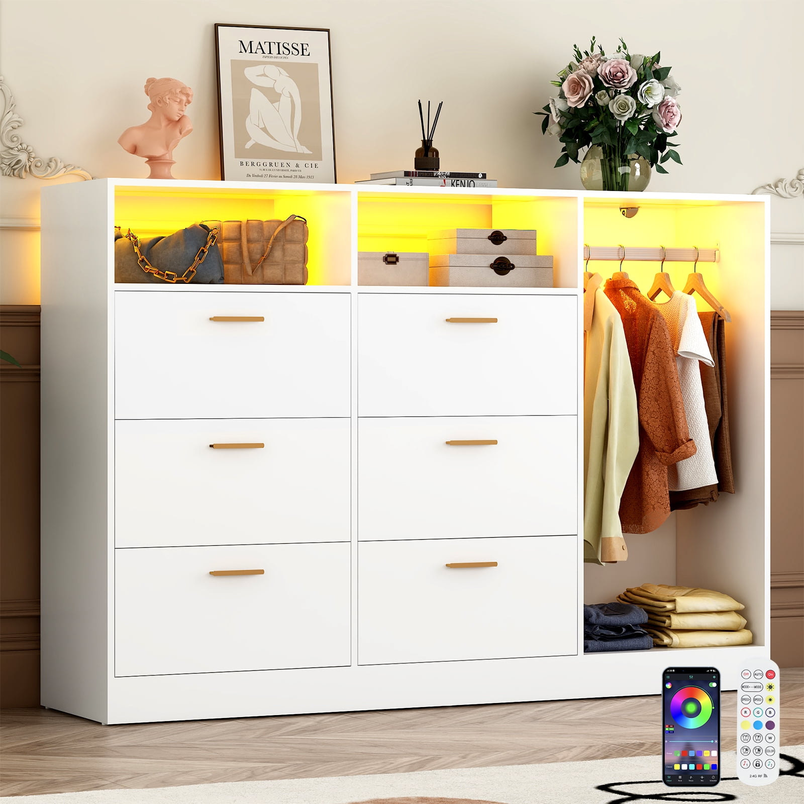 ANPOO 6 Drawer Double Dresser with Clothes Rail and LED Lights, Chest ...