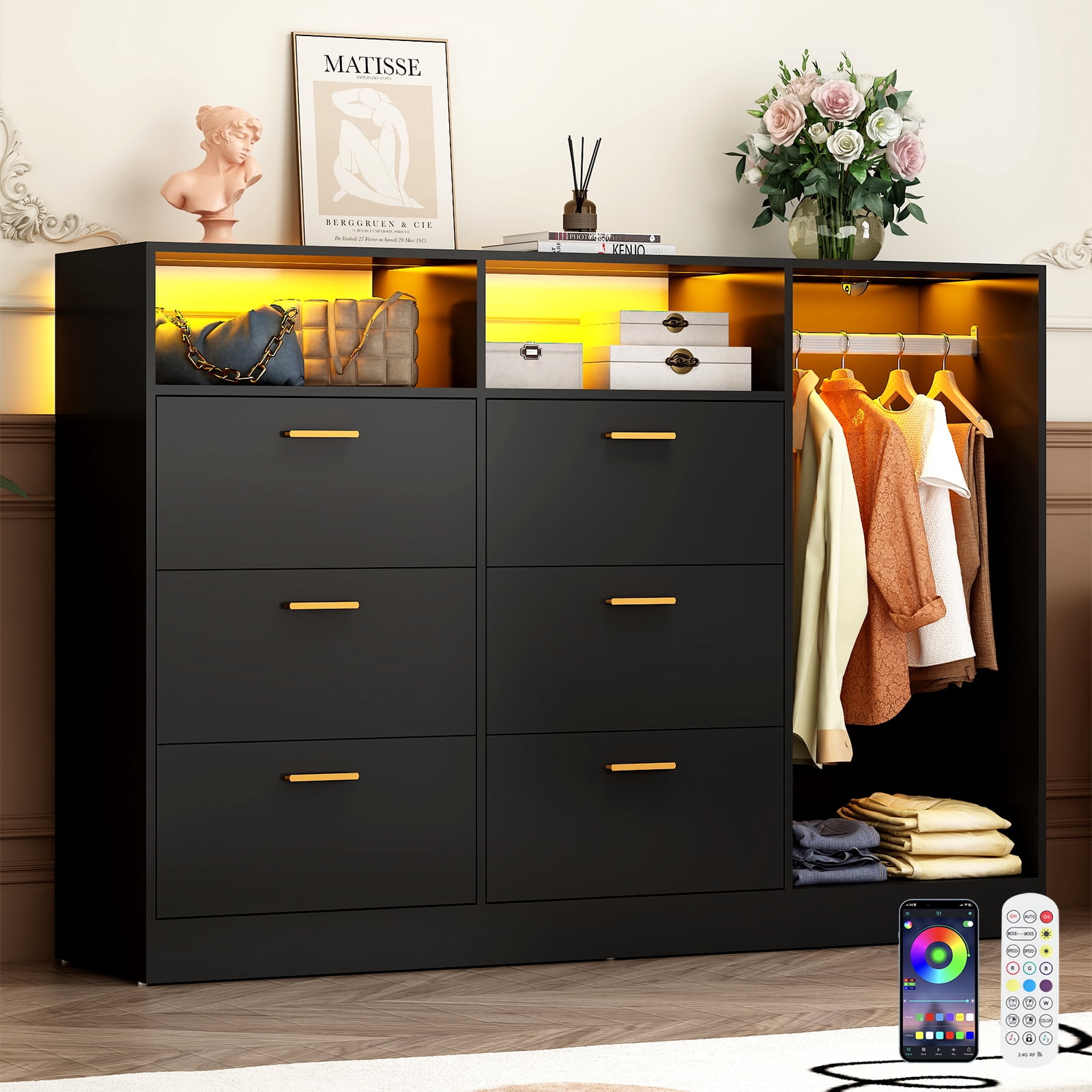 ANPOO 6 Drawer Double Dresser with Clothes Rail and LED Lights, Chest ...