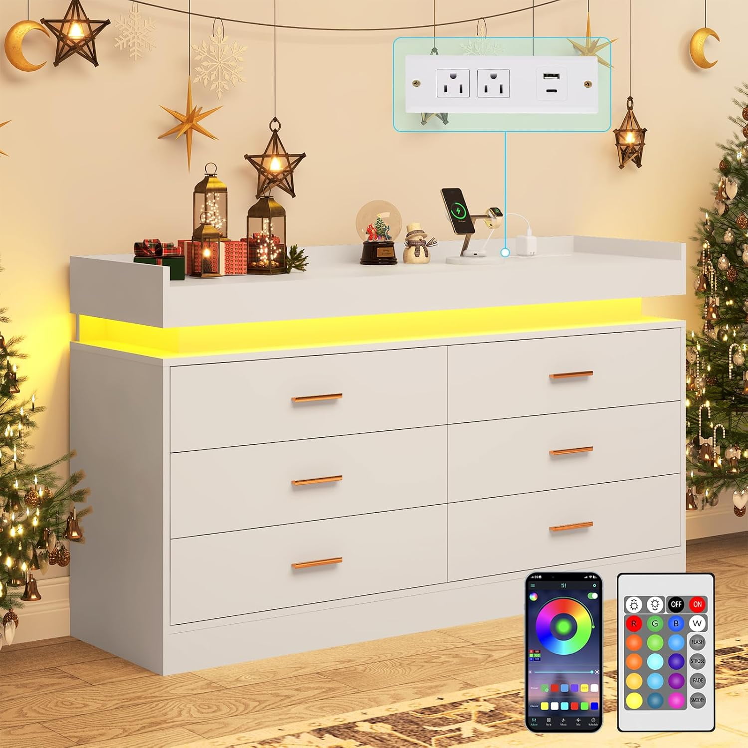 "Anpoo 6 Drawer Dresser, Modern Wood Chest with Charging Station, LED ...