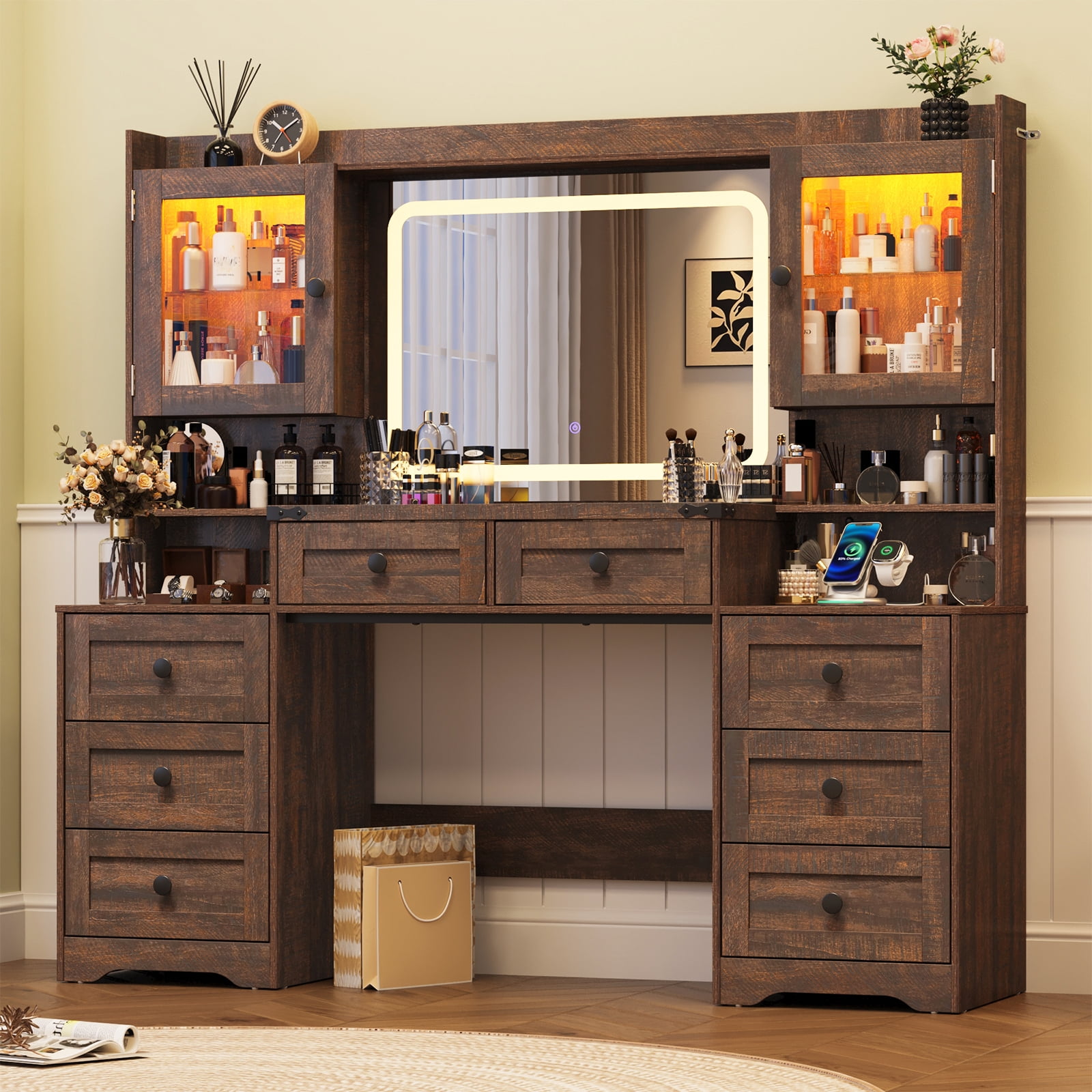 ANPOO 60" Farmhouse Vanity Desk with Outlet, Mirror Lights, Tempered ...