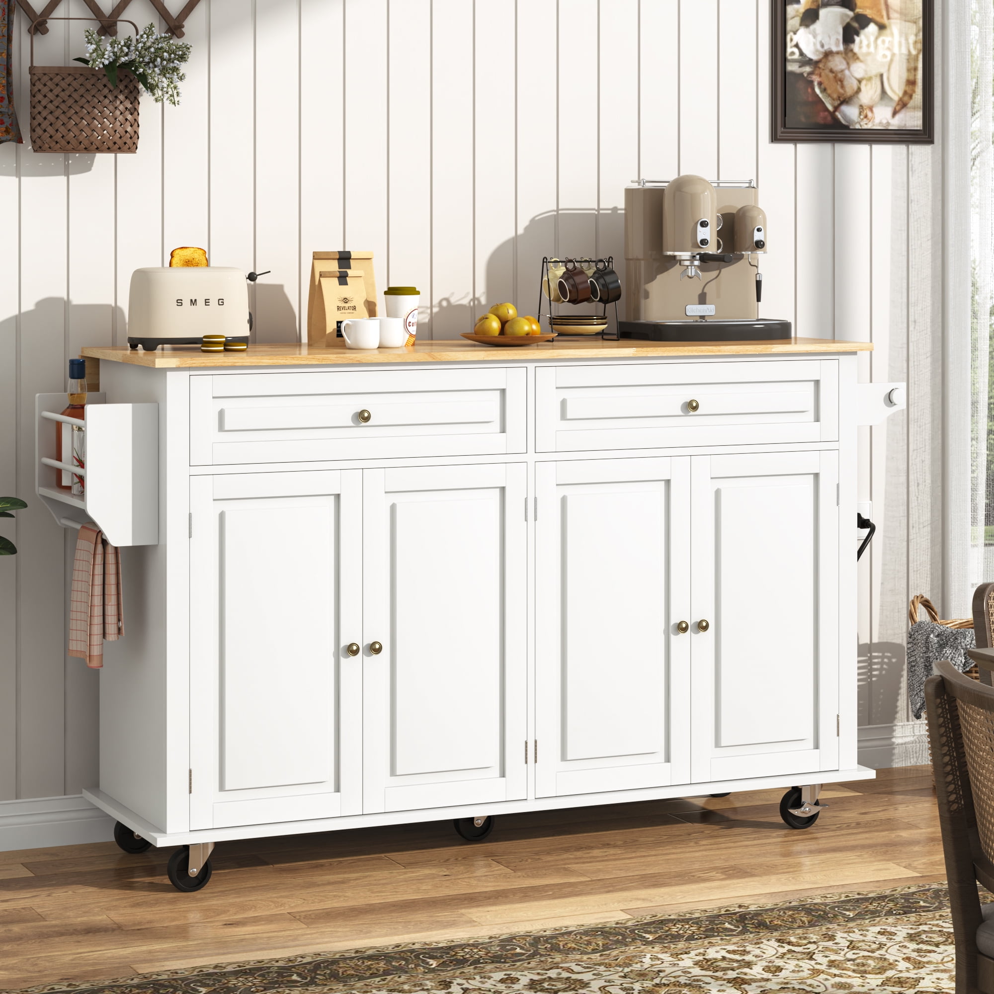 ANPOO 63" Movable Kitchen Island with Drop Leaf and Power Outlet ...