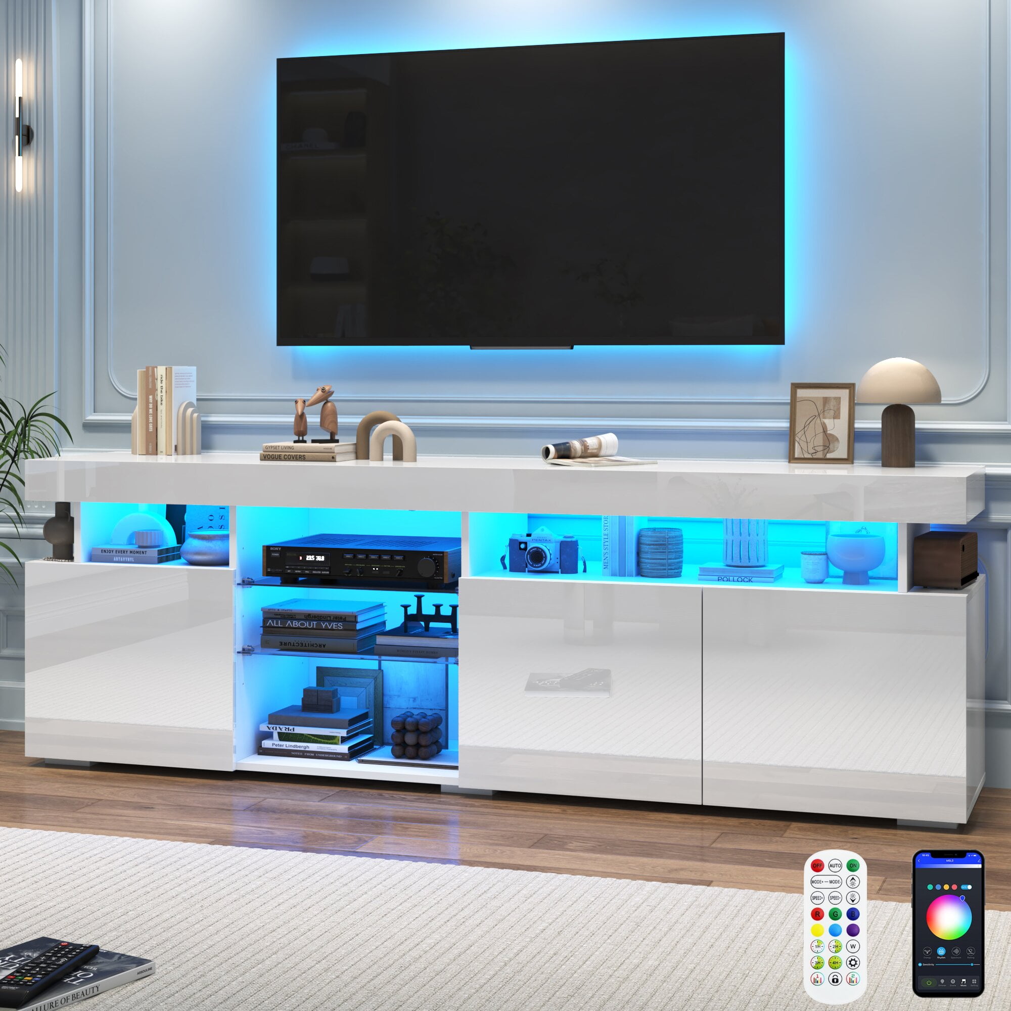 ANPOO 70.8'' LED TV Stand for TVs up to 85'', High Glossy Entertainment ...