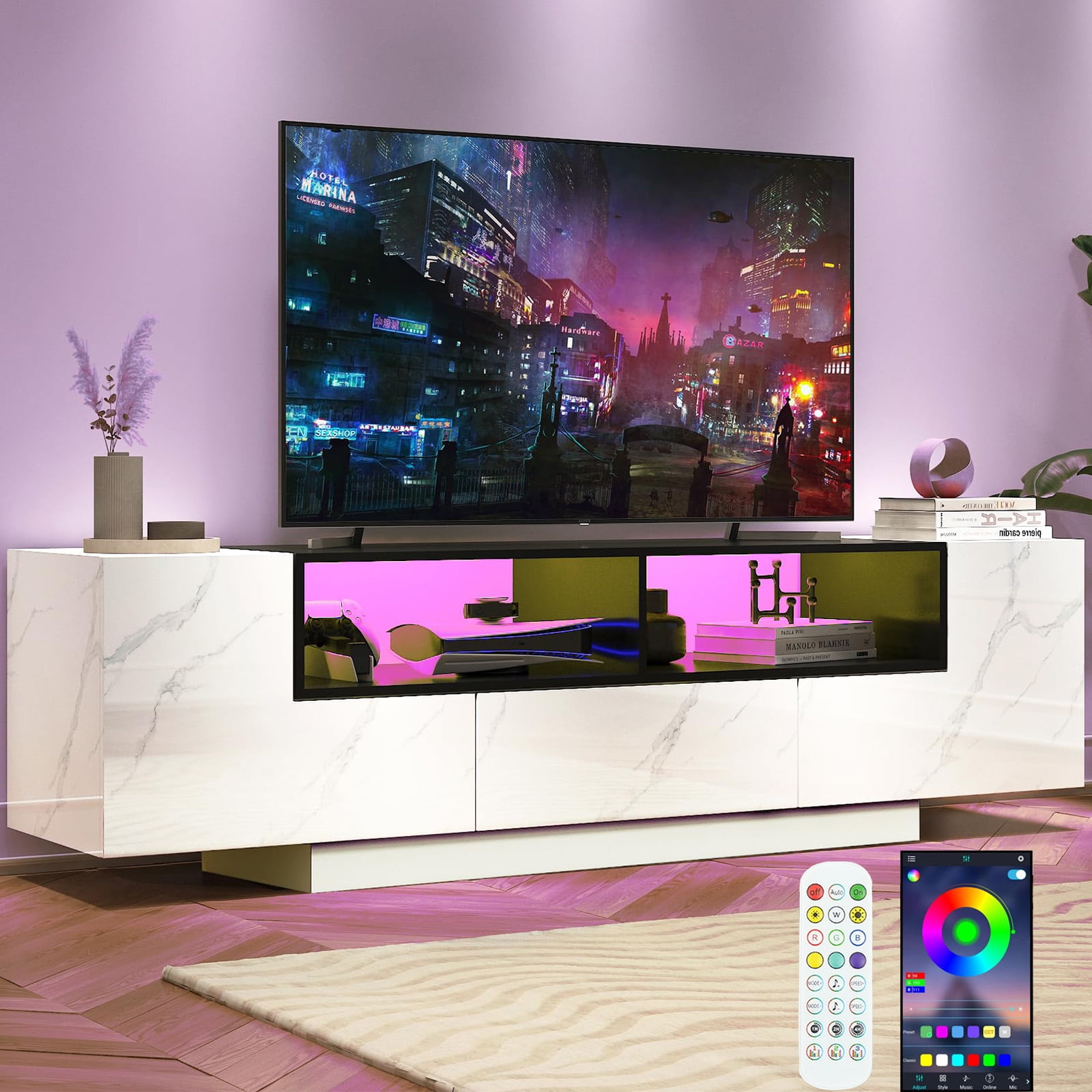 ANPOO 70" LED TV Stand for TVs up to 85" with Cabinet, Open Shelves ...