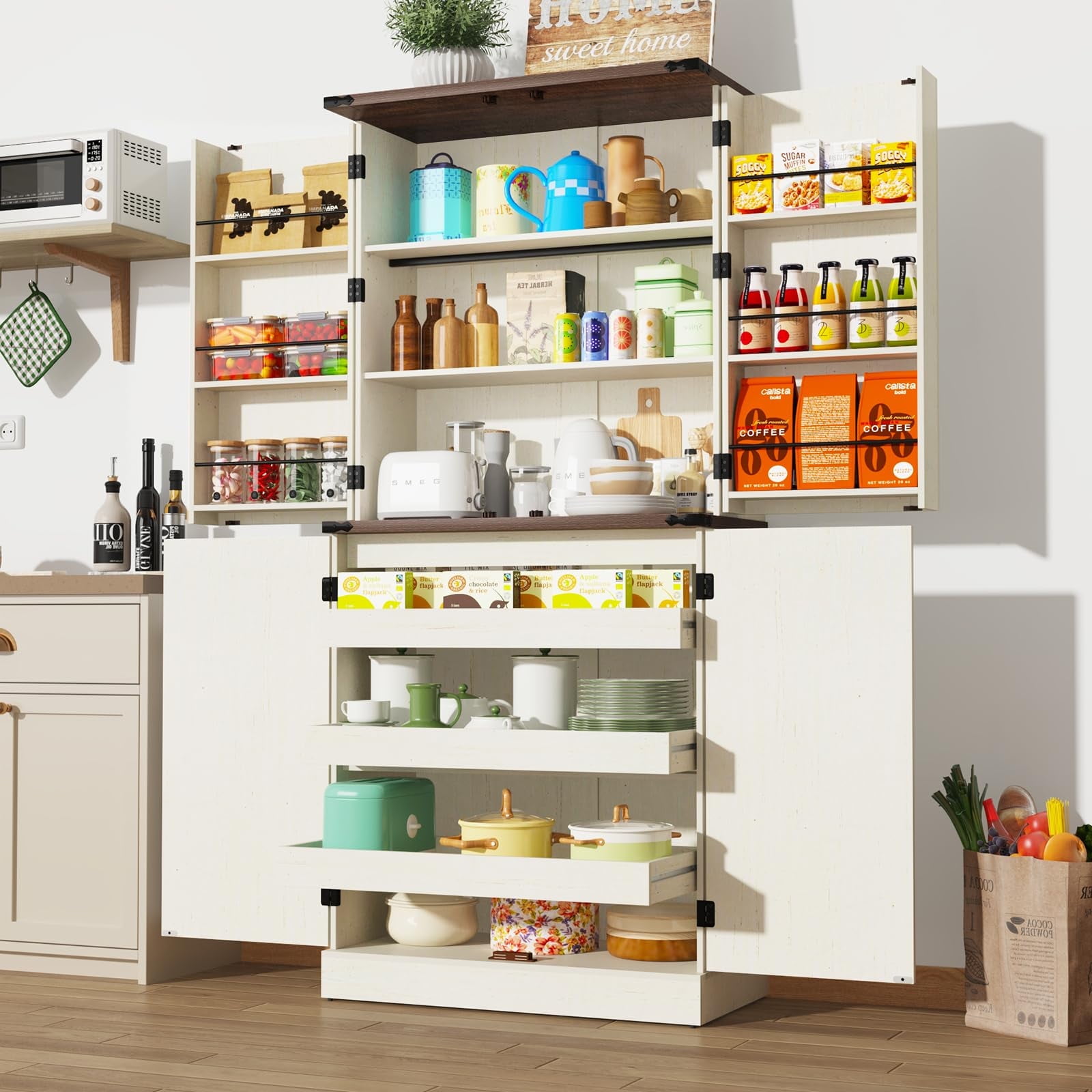 ANPOO 71''Tall Farmhouse Kitchen Pantry Cabinet, 7 Layers Storage ...