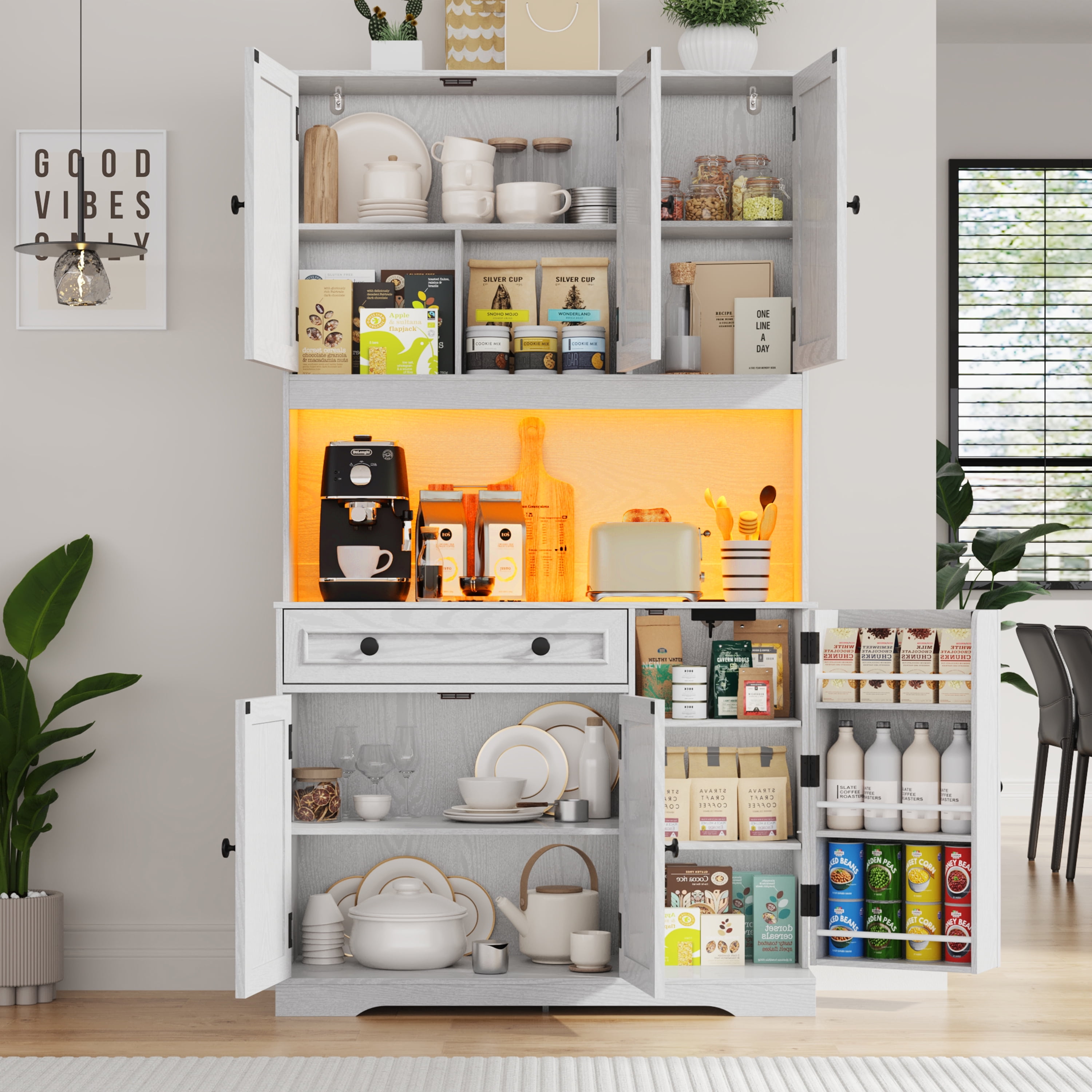 ANPOO 71" Tall Pantry Cabinet with LED Light & Outlets, Coffee Bar ...