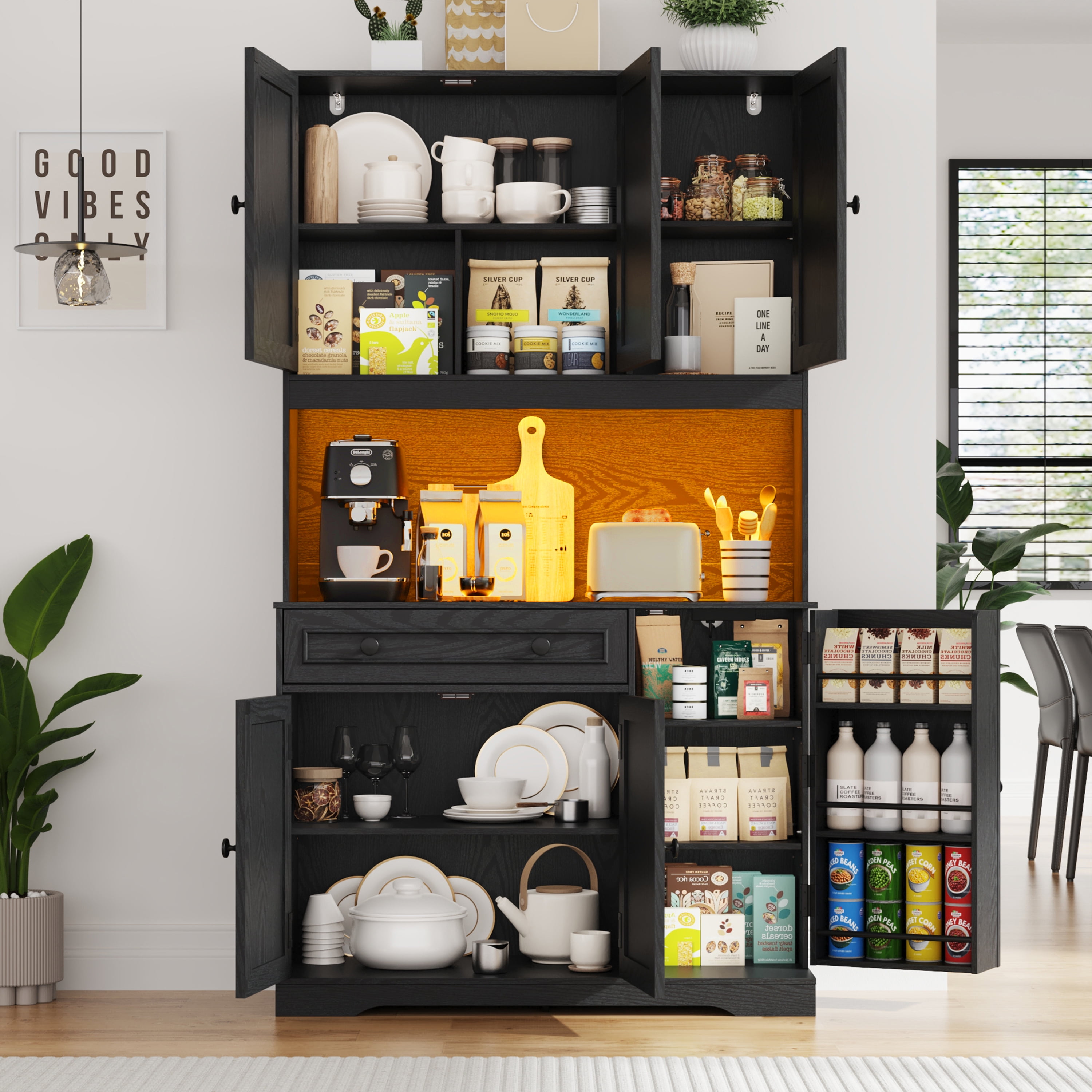 ANPOO 71" Tall Pantry Cabinet with LED Light & Outlets, Coffee Bar ...