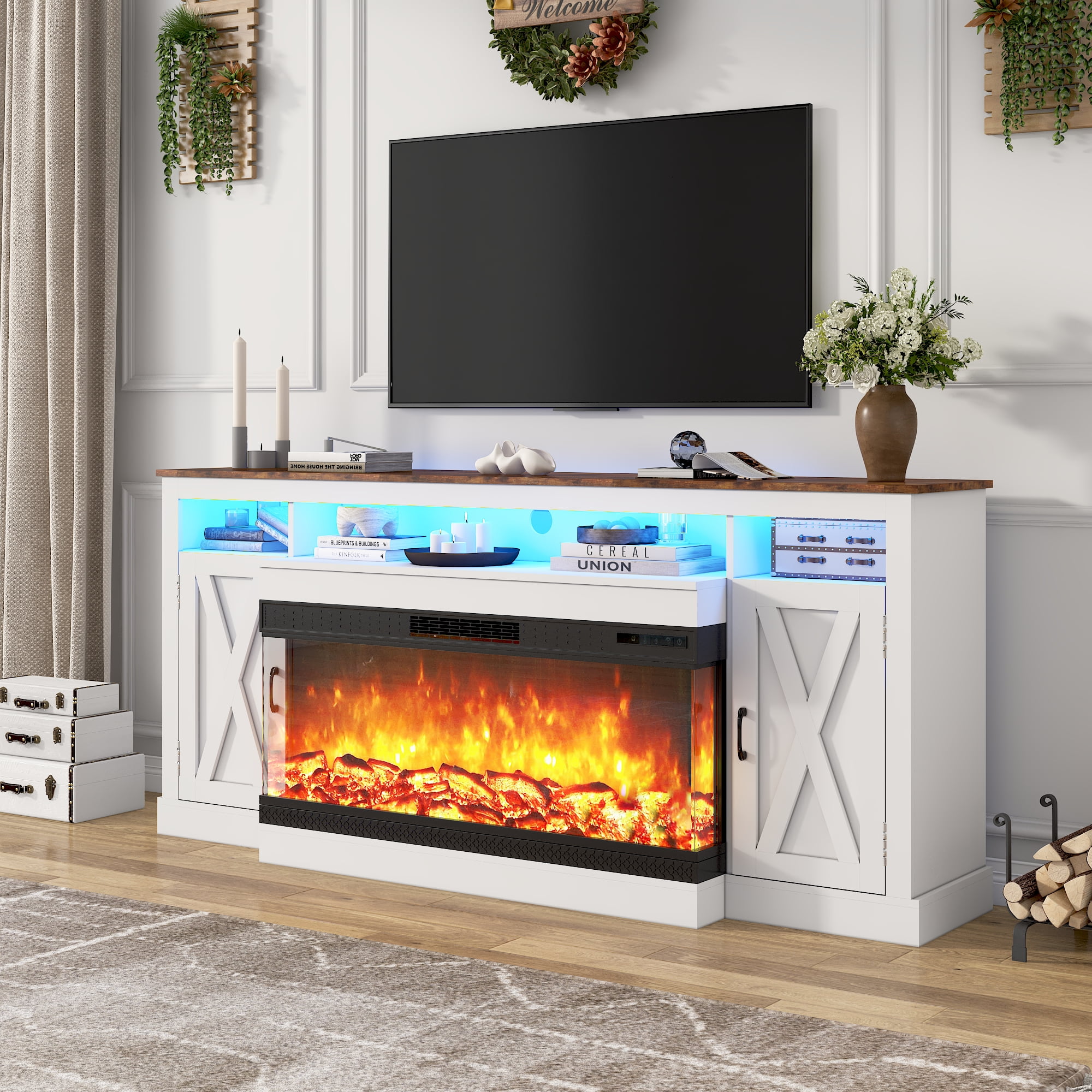 ANPOO 74'' Farmhouse TV Stand with 40'' 3-Sided Glass Fireplace, 32 ...
