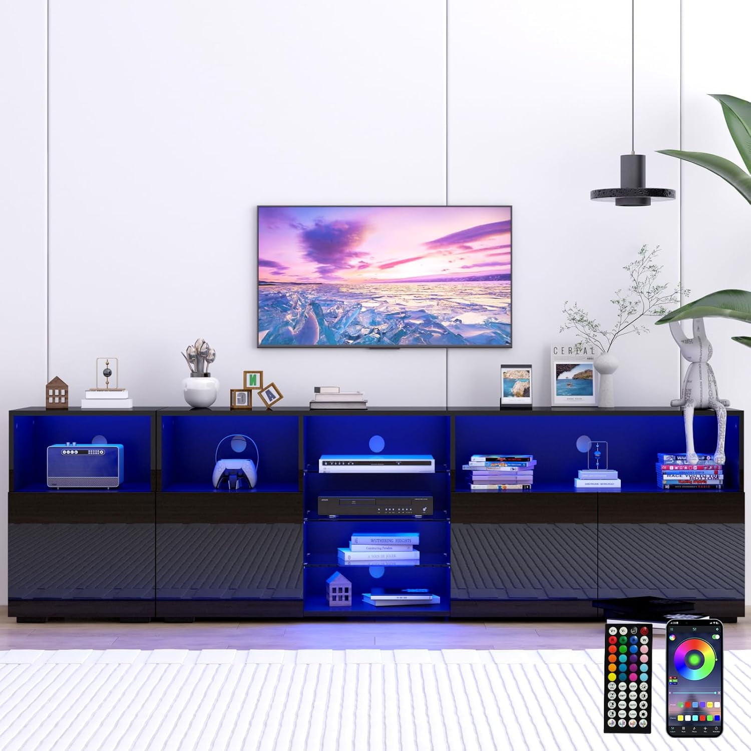ANPOO 79'' LED TV Stand for TVs up to 90'', High Glossy Entertainment ...