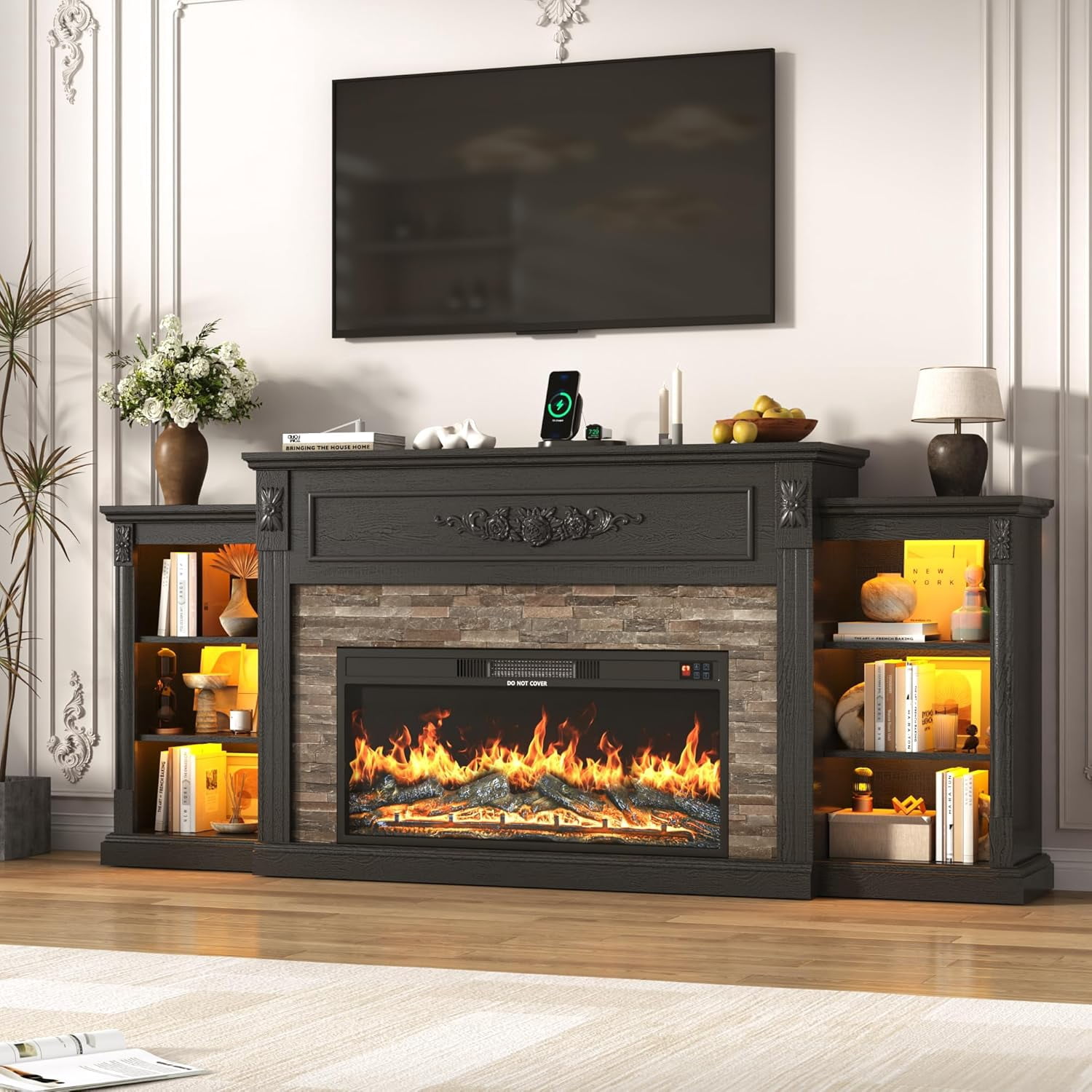 ANPOO 85" Electric Fireplace with Mantel, Fireplace TV Stand with 36 ...