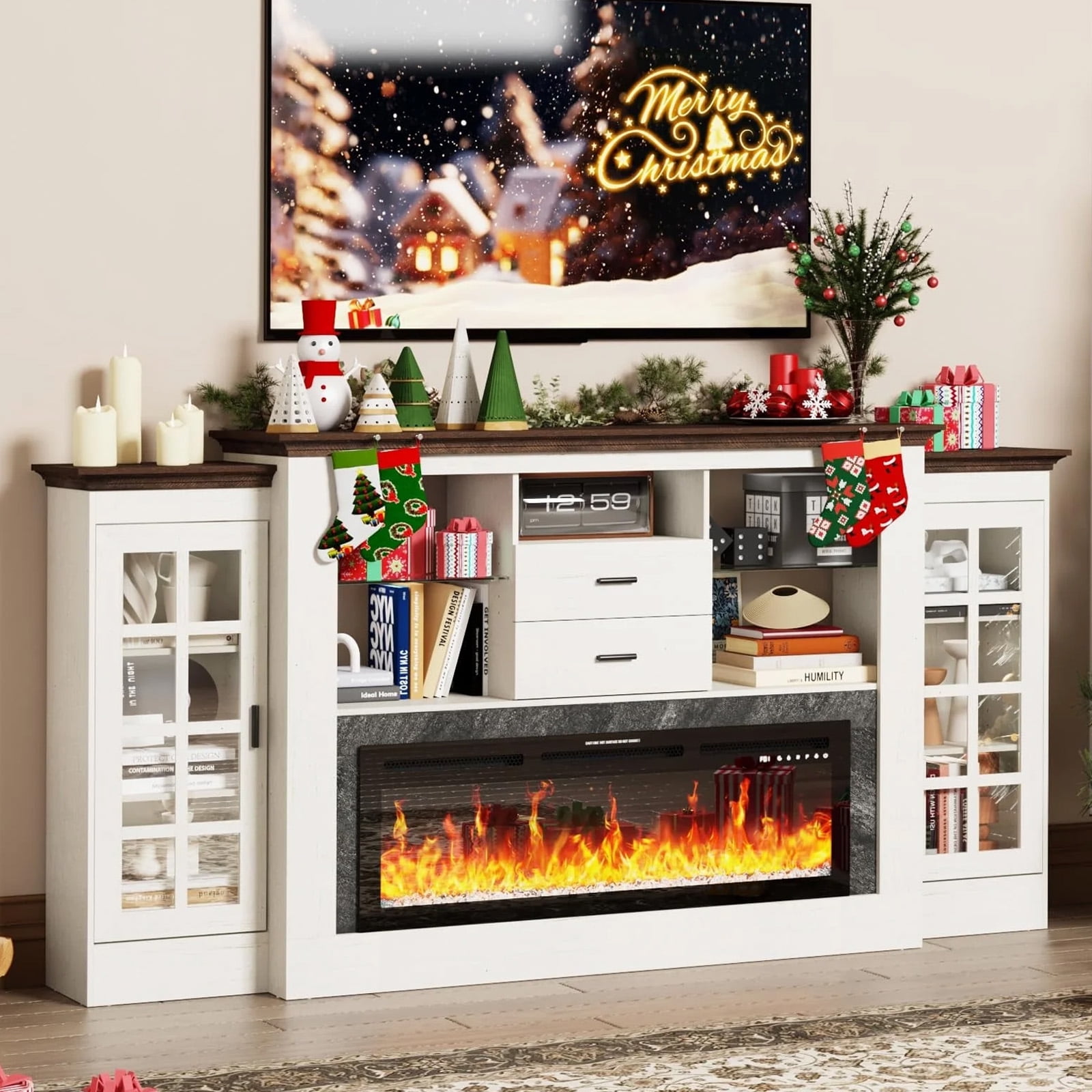 ANPOO 85" Fireplace Mantel TV Stand for 85/90/95" Wall Mounted TV, Entertainment Center Console ...