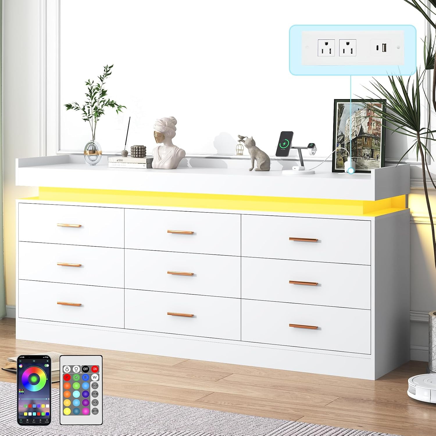 ANPOO 9 Drawer Dresser with LED Lights and Charging Station, Modern ...