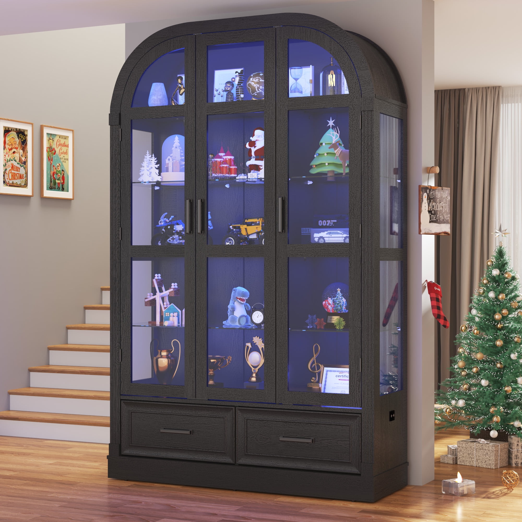 ANPOO Arched Display Cabinet with 3 Glass Doors,78" Tall Curio Cabinet ...