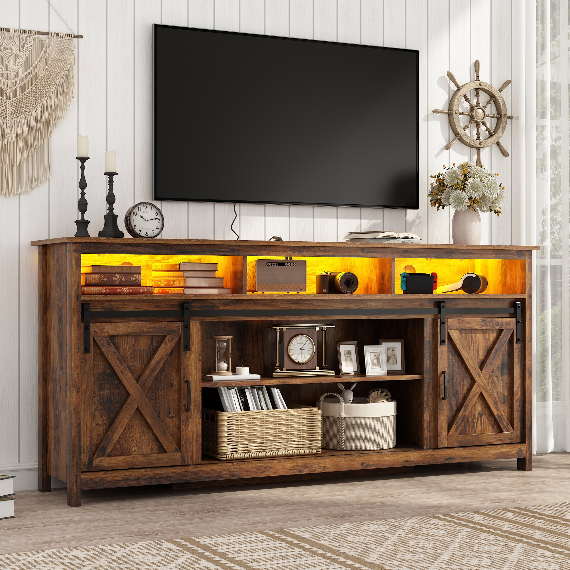 ANPOO Farmhouse TV Stand for 80 inch TVs, Rustic Entertainment Center ...