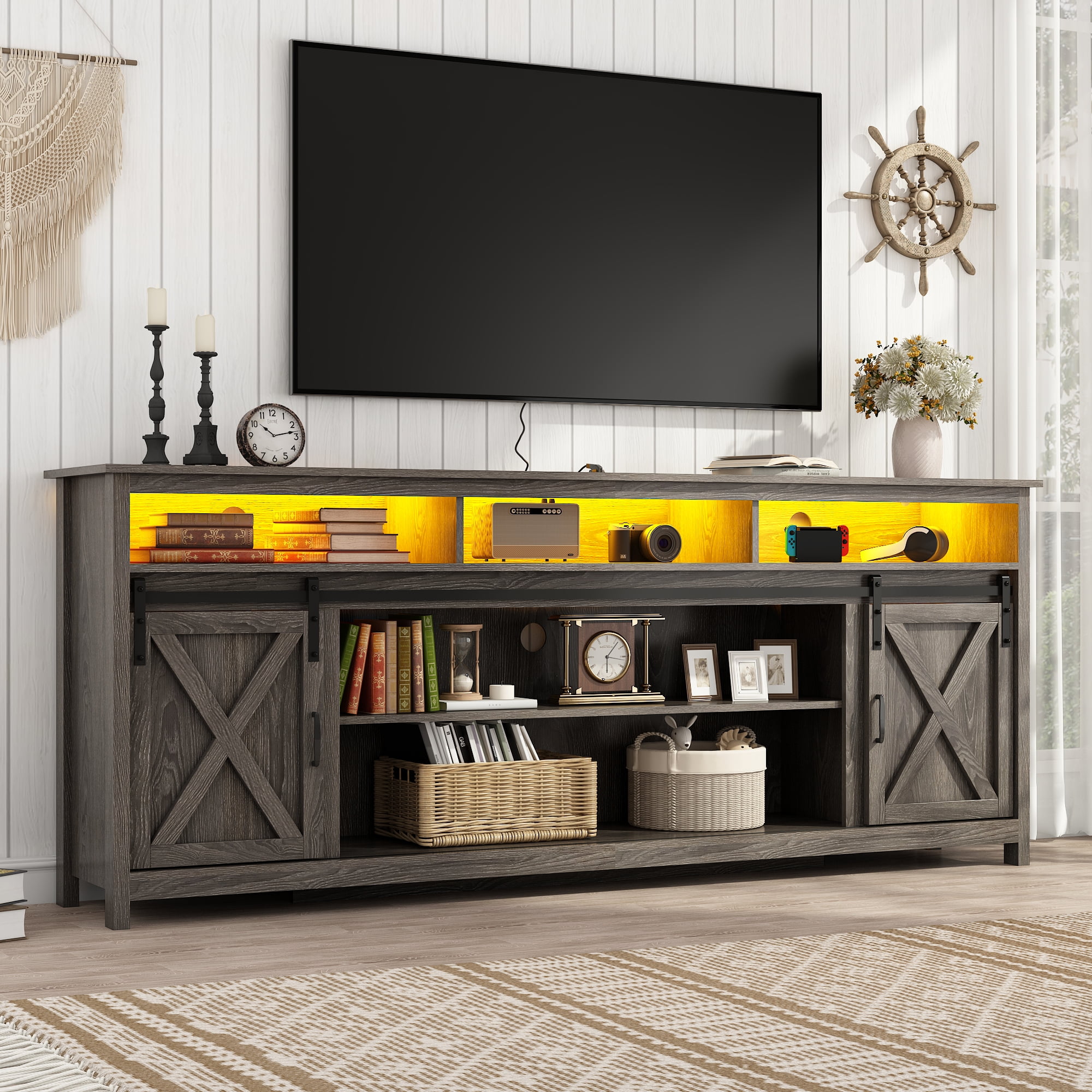 ANPOO Farmhouse TV Stand for 90 inch TVs, Rustic Entertainment Center ...