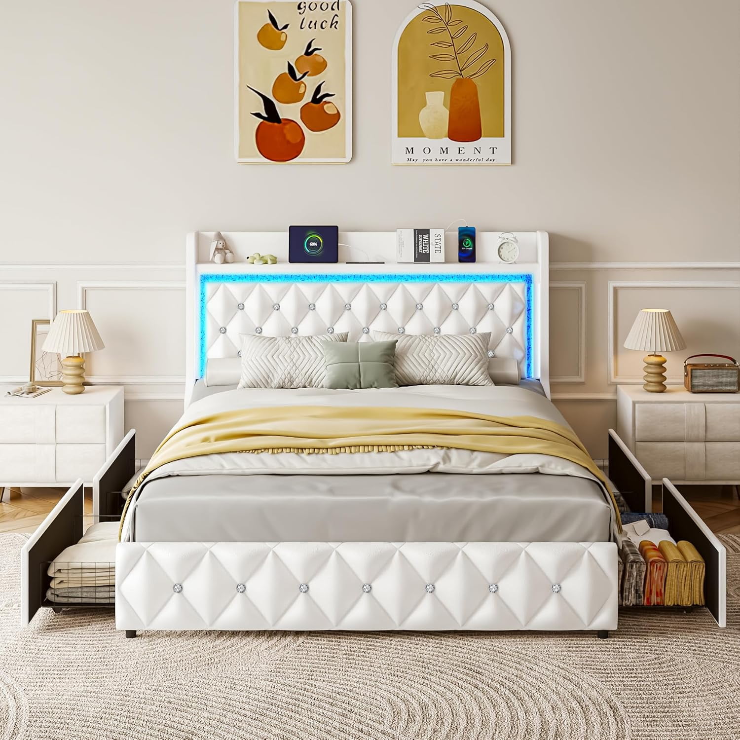 ANPOO LED Full Size Bed Frame with Power Outlet & 4 Drawers ...