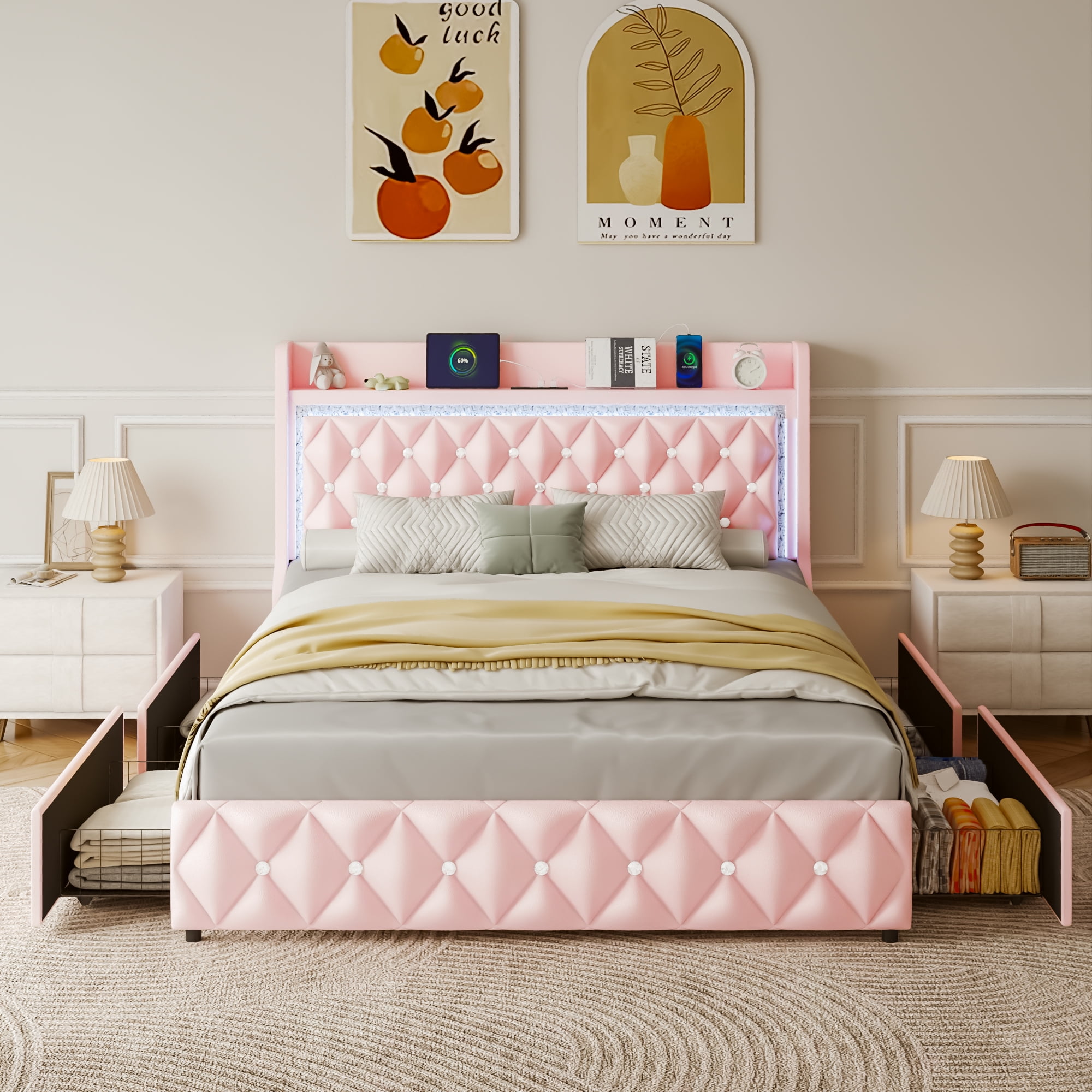 ANPOO LED Full Size Bed Frame with Power Outlet & 4 Drawers ...