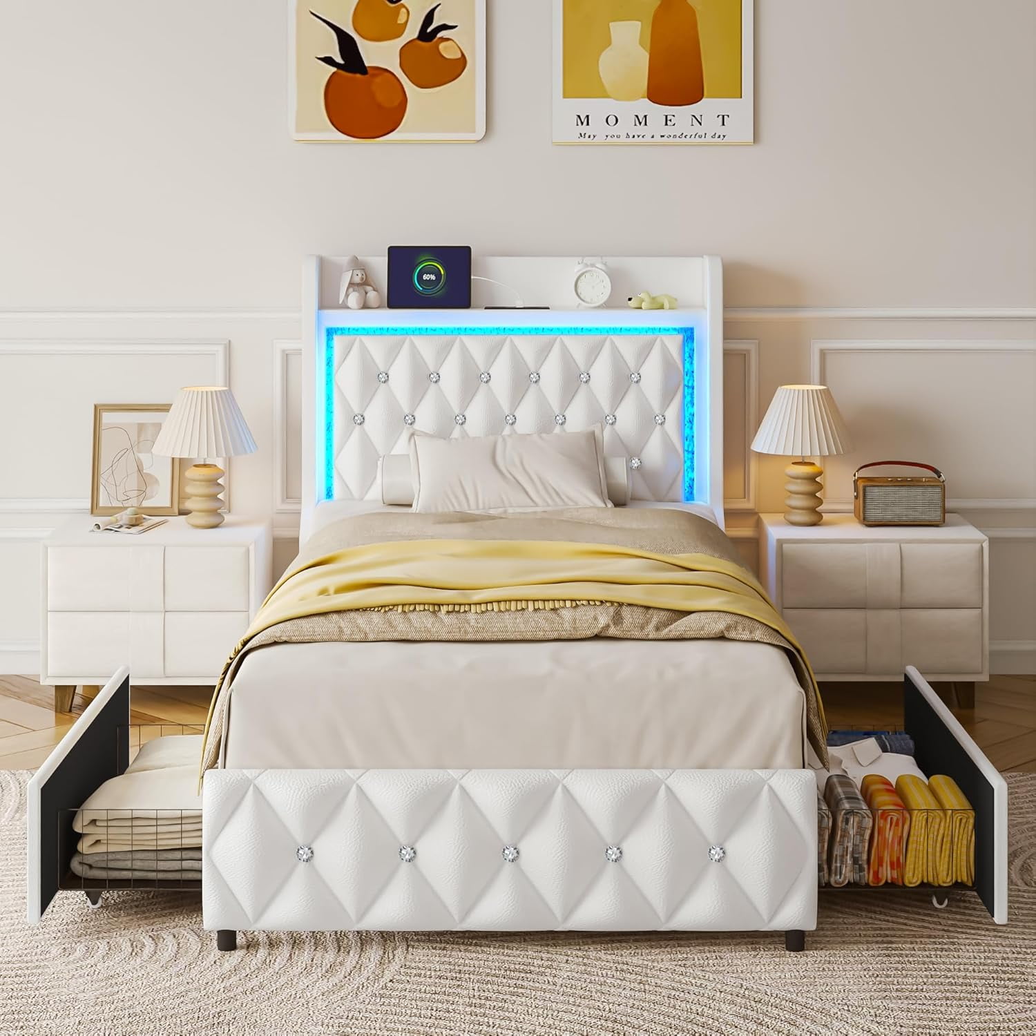 ANPOO LED Twin Size Bed Frame with Power Outlet & 2 Drawers ...