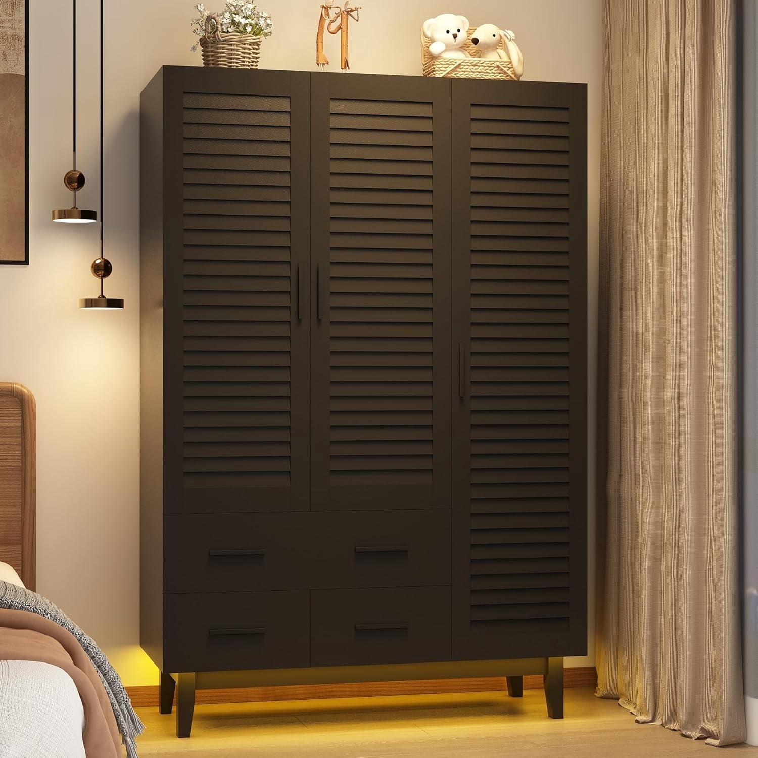 ANPOO Large 3 Doors Armoire Wardrobe Closet with LED Lights & Hanging ...