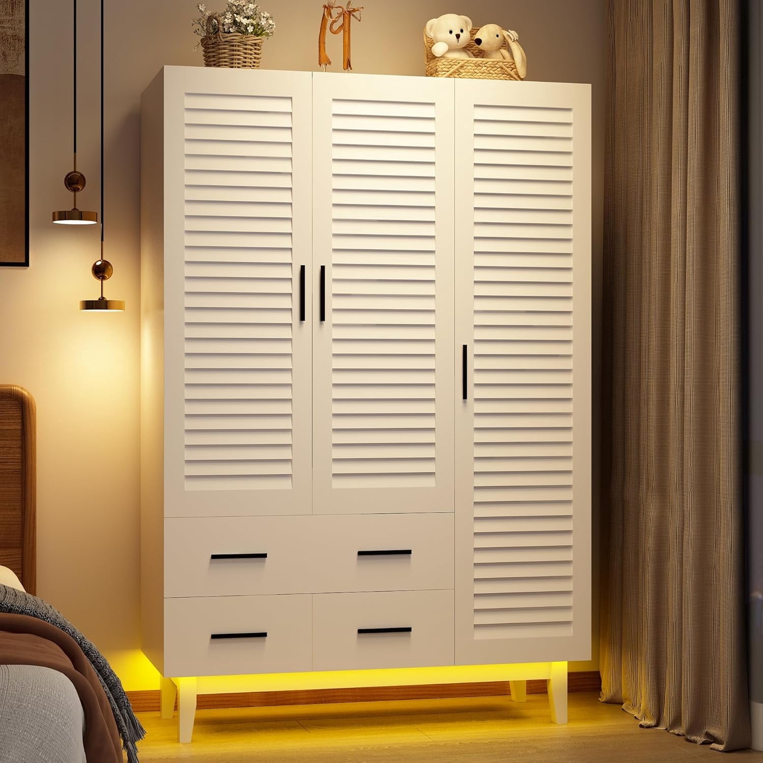 ANPOO Large 3 Doors Armoire Wardrobe Closet with LED Lights & Hanging ...